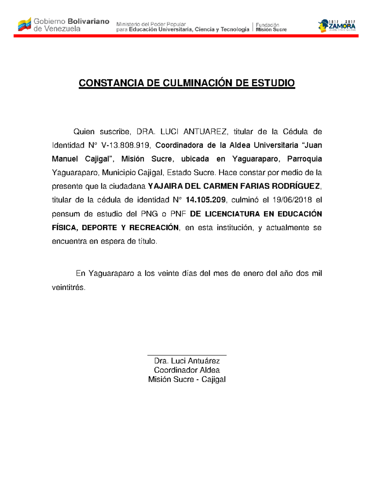 Constancia DE Culminación - Yajaira - CONSTANCIA DE CULMINACIÓN DE ...
