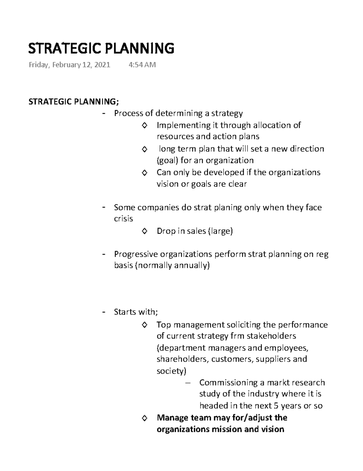 Strategic Planning - notes - STRATEGIC PLANNING; Process of determining ...