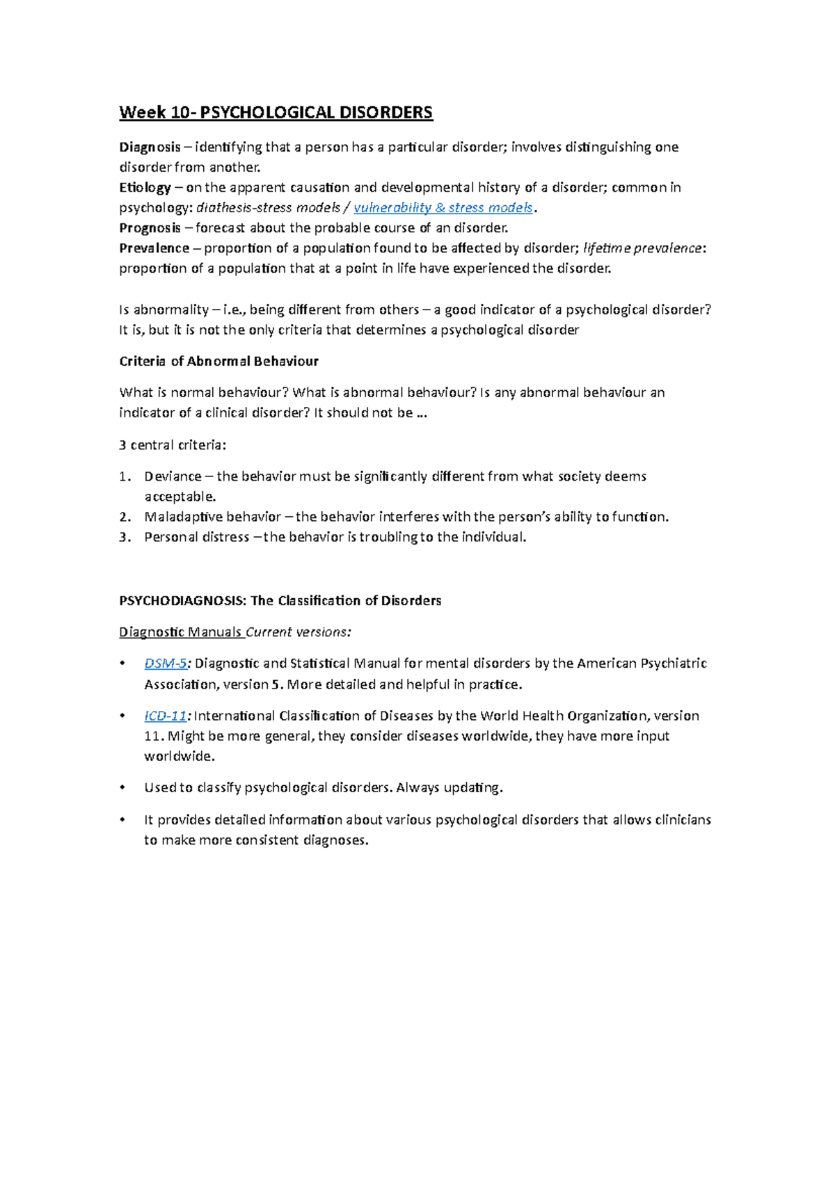 Week 10- Psycological Disorders - Week 10- PSYCHOLOGICAL DISORDERS ...