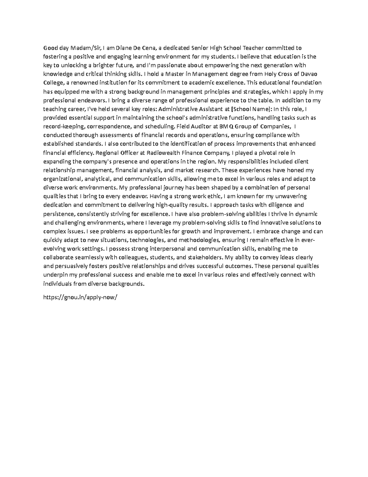 Gnou - Notes for personal introduction. - Good day Madam/Sir, I am ...