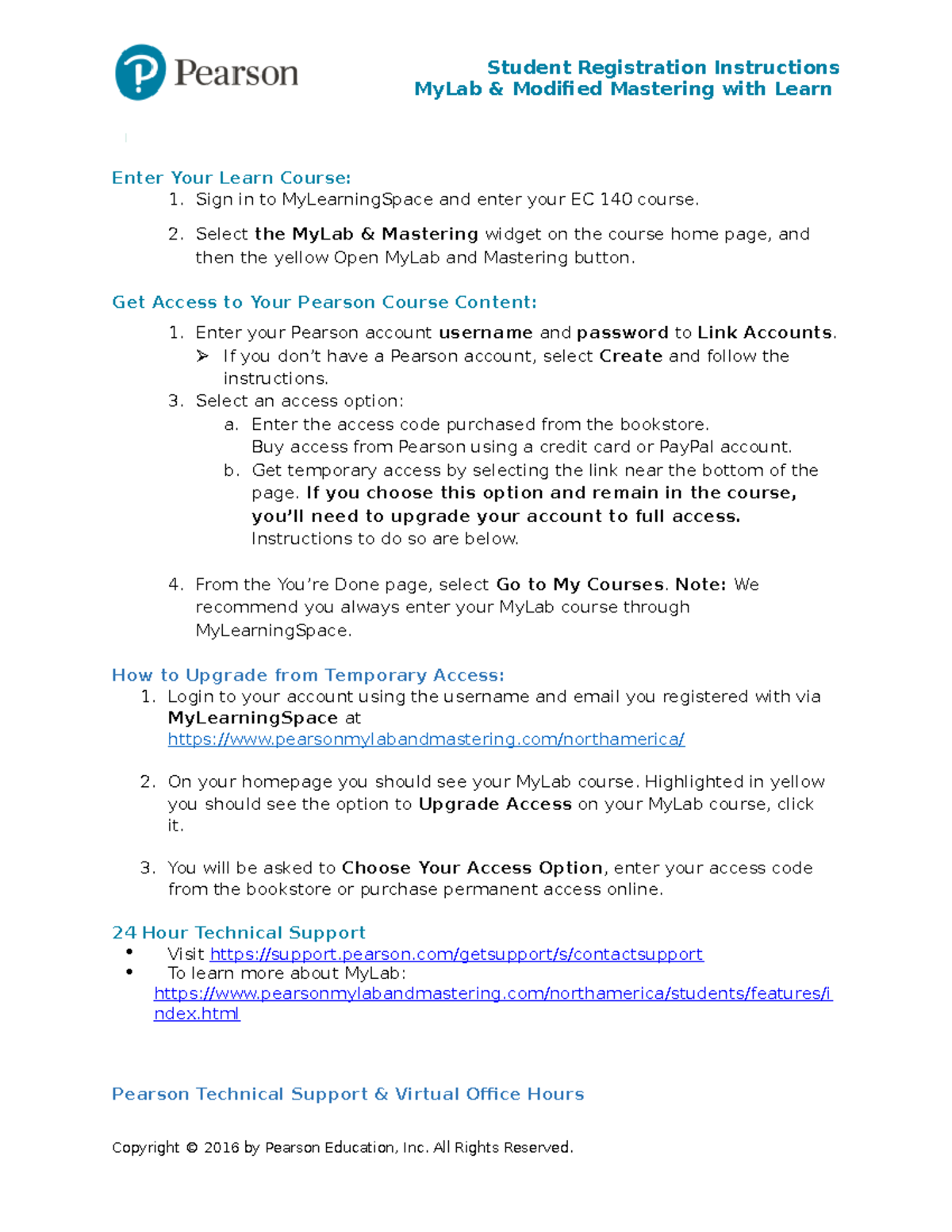 EC 140 Pearson My Lab Instructions - Student Registration Instructions ...