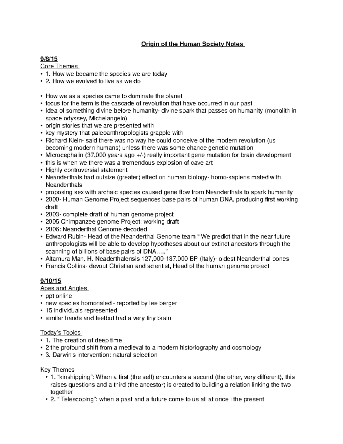 Origins of Humans Notes - Origin of the Human Society Notes 9/8/ Core ...