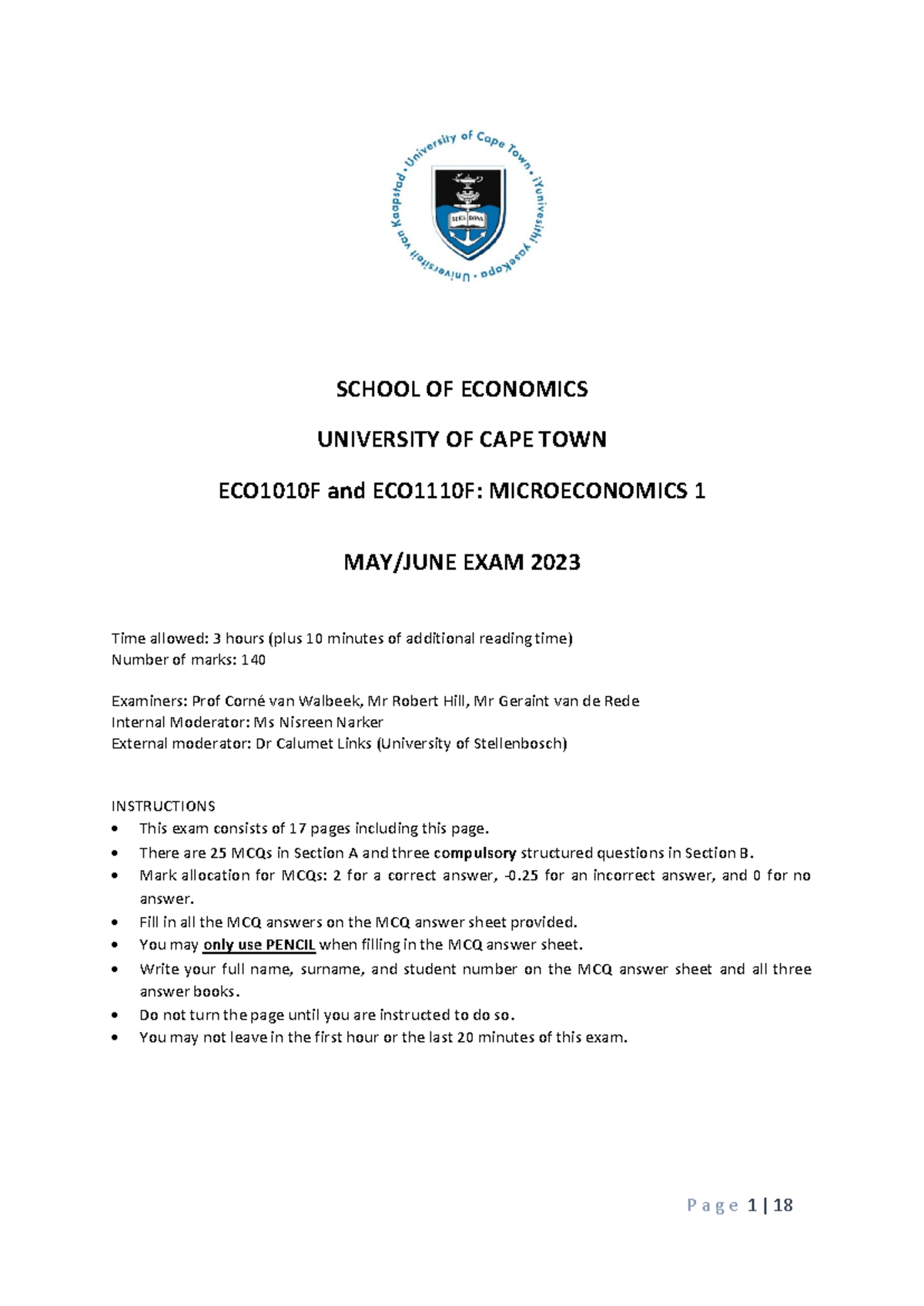 ECO1010.1110F June Exam 2023 - SCHOOL OF ECONOMICS UNIVERSITY OF CAPE ...