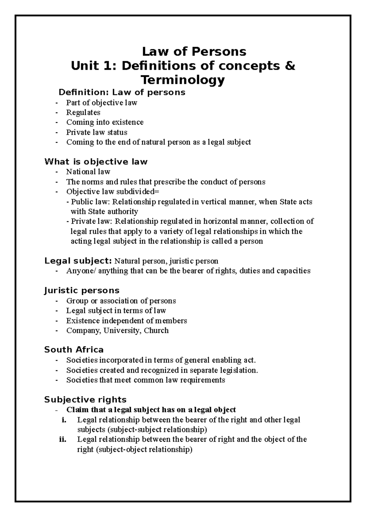 Law of Persons - Course summary - Law of Persons Unit 1: Definitions of ...