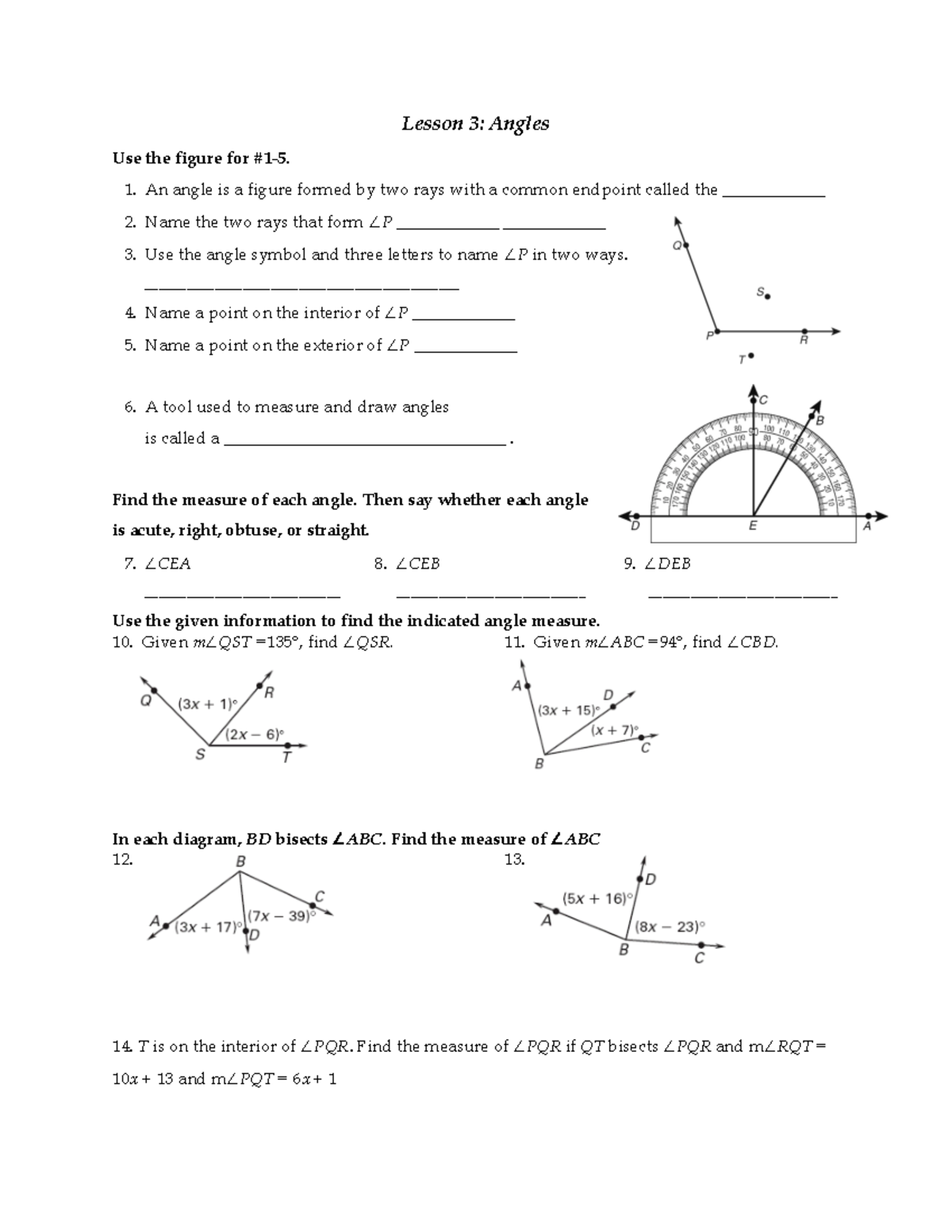 Sec 1 - app - Lesson 3: Angles Use the figure for #1- 5. 1. An angle is ...