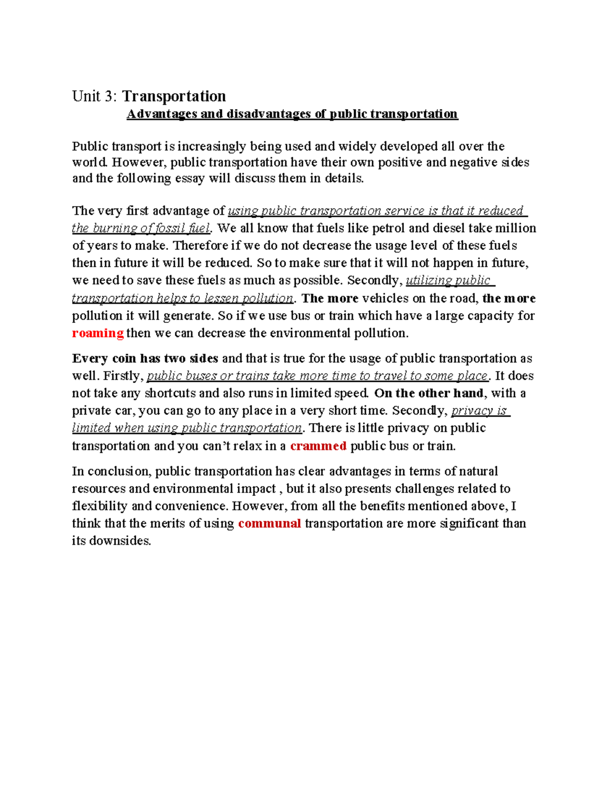 Writing unit 3 - bài viết unit 3 prism - Unit 3: Transportation Advantages and disadvantages of ...