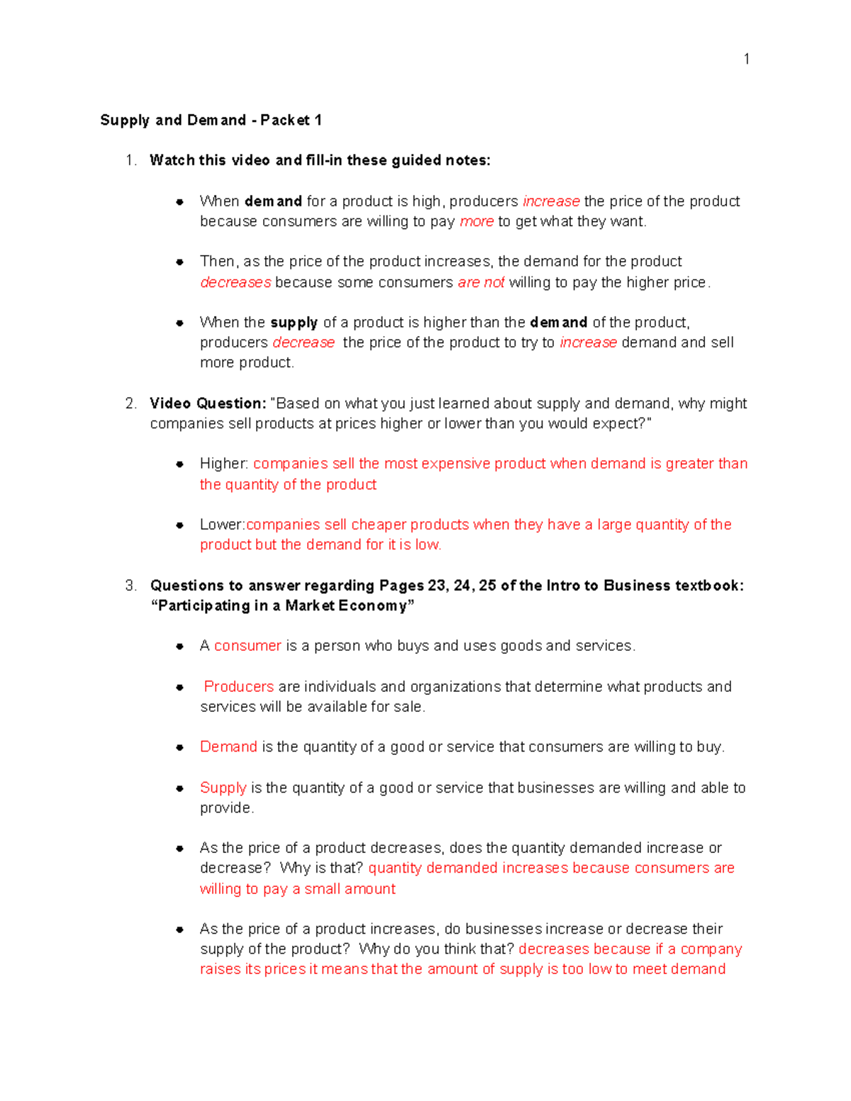 Supply and Demand - Packet 1 - Then, as the price of the product ...