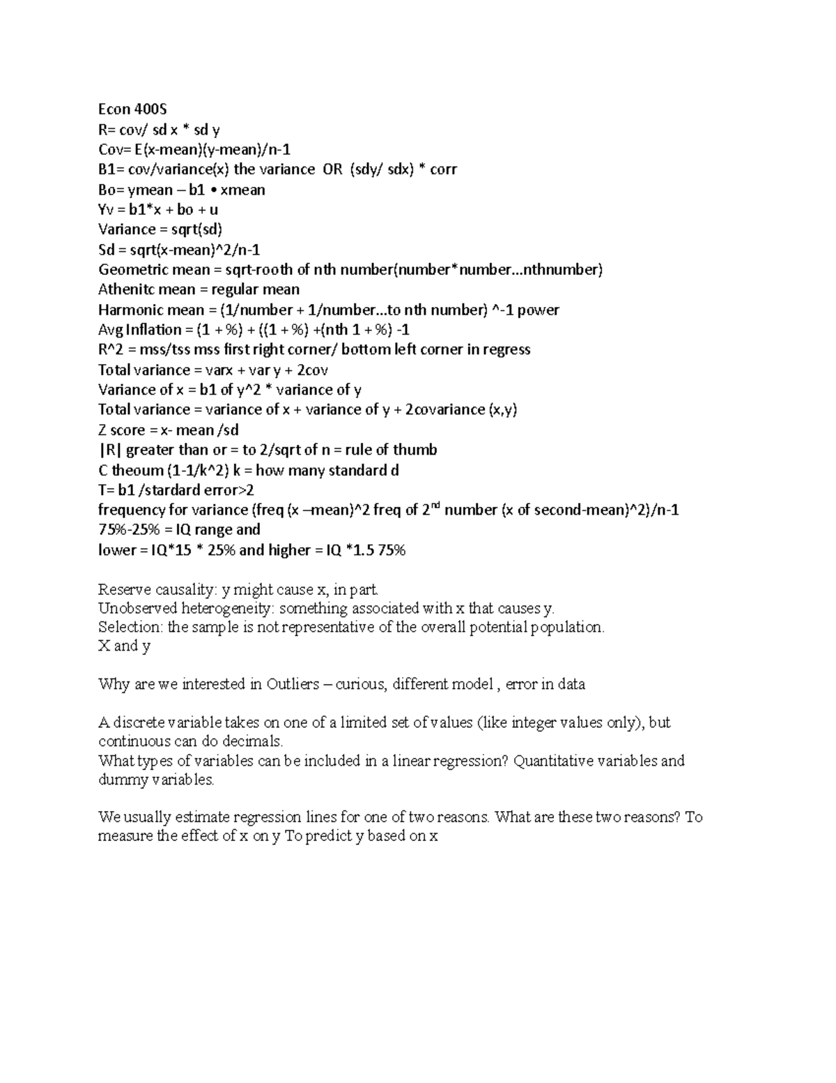 Econ 400 test 1 formula sheet - Econ 400S sd x sd y the variance OR sdx ...