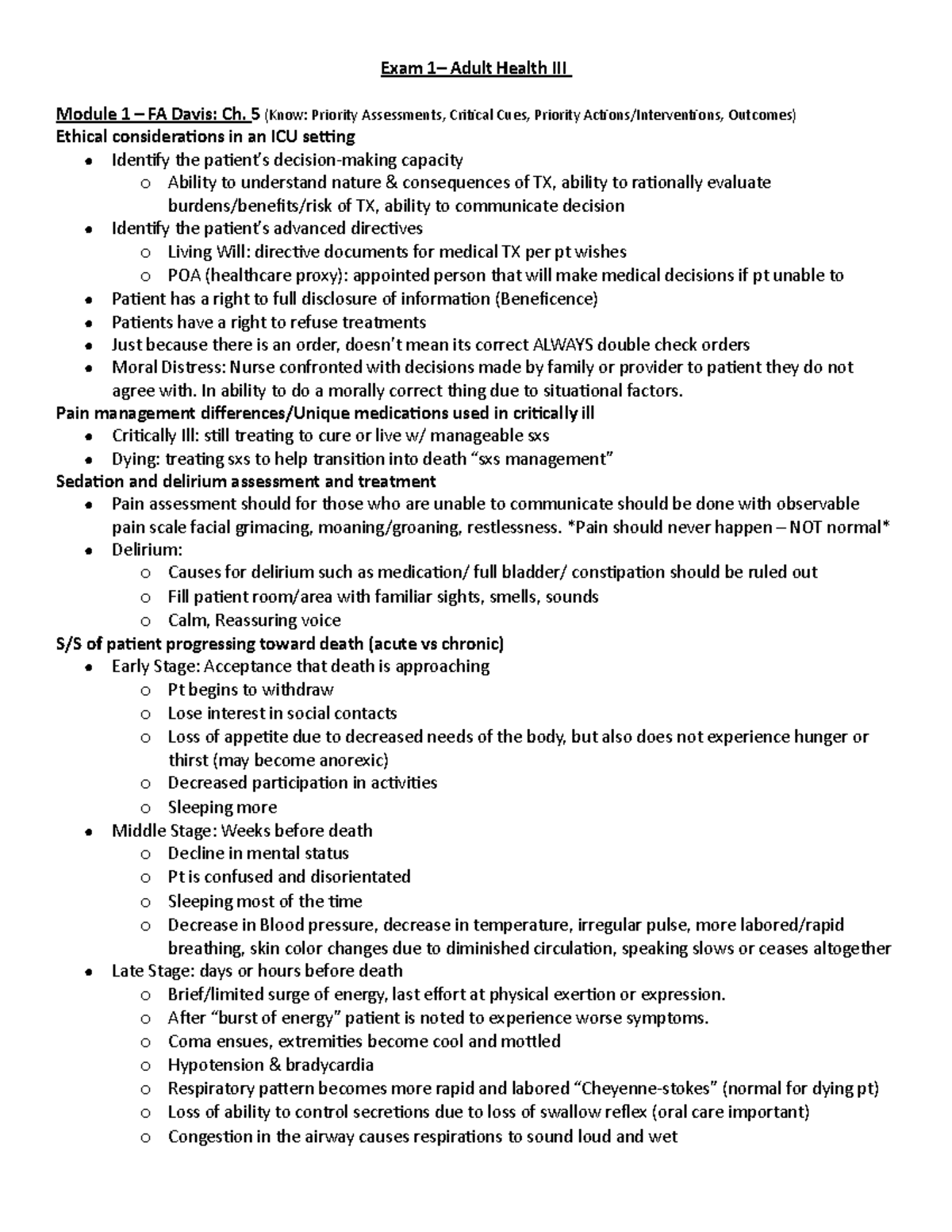 Exam 1 - Study Guide - Exam 1– Adult Health III Module 1 – FA Davis: Ch ...