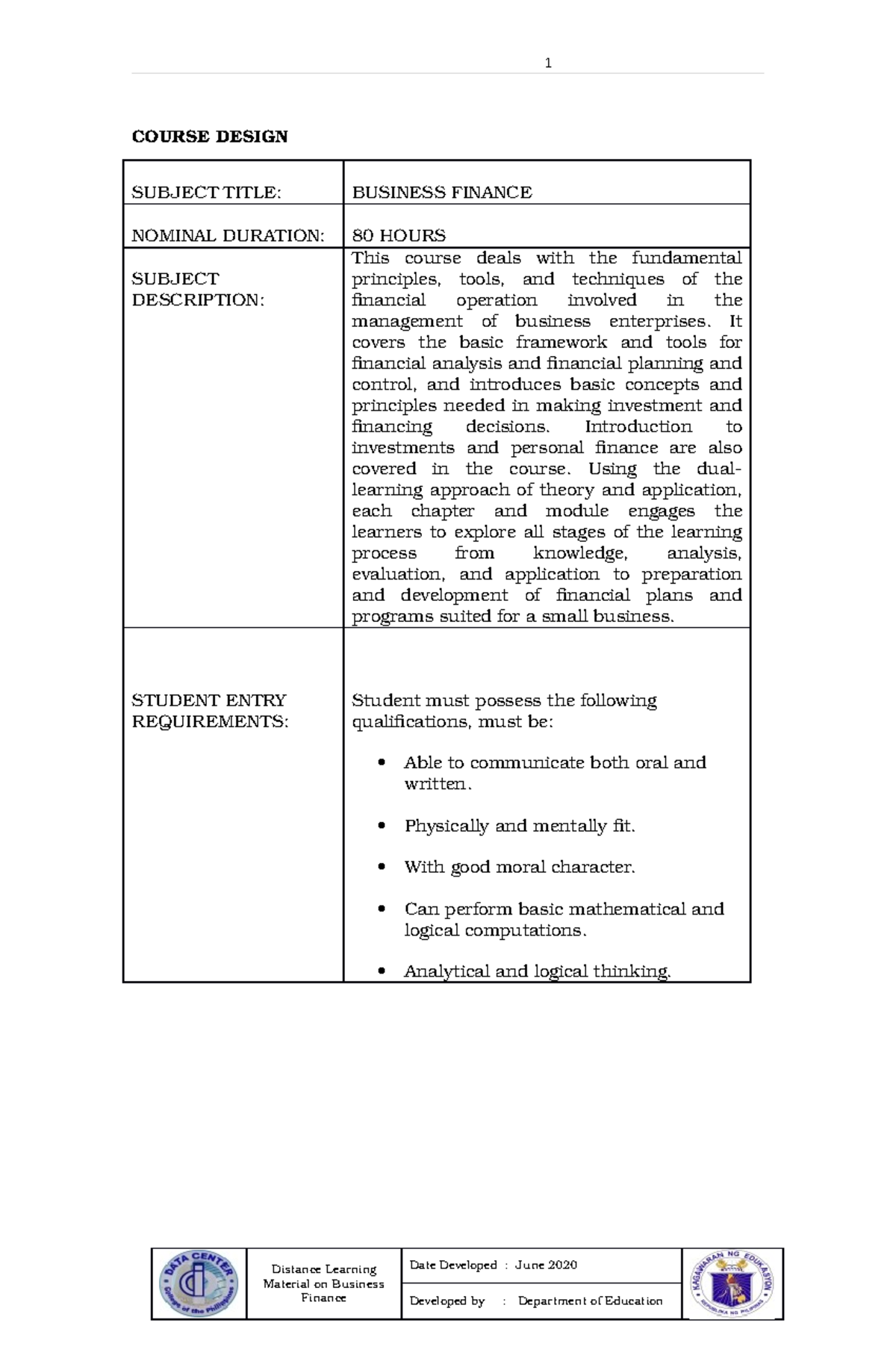business finance module and lectures - COURSE DESIGN SUBJECT TITLE ...