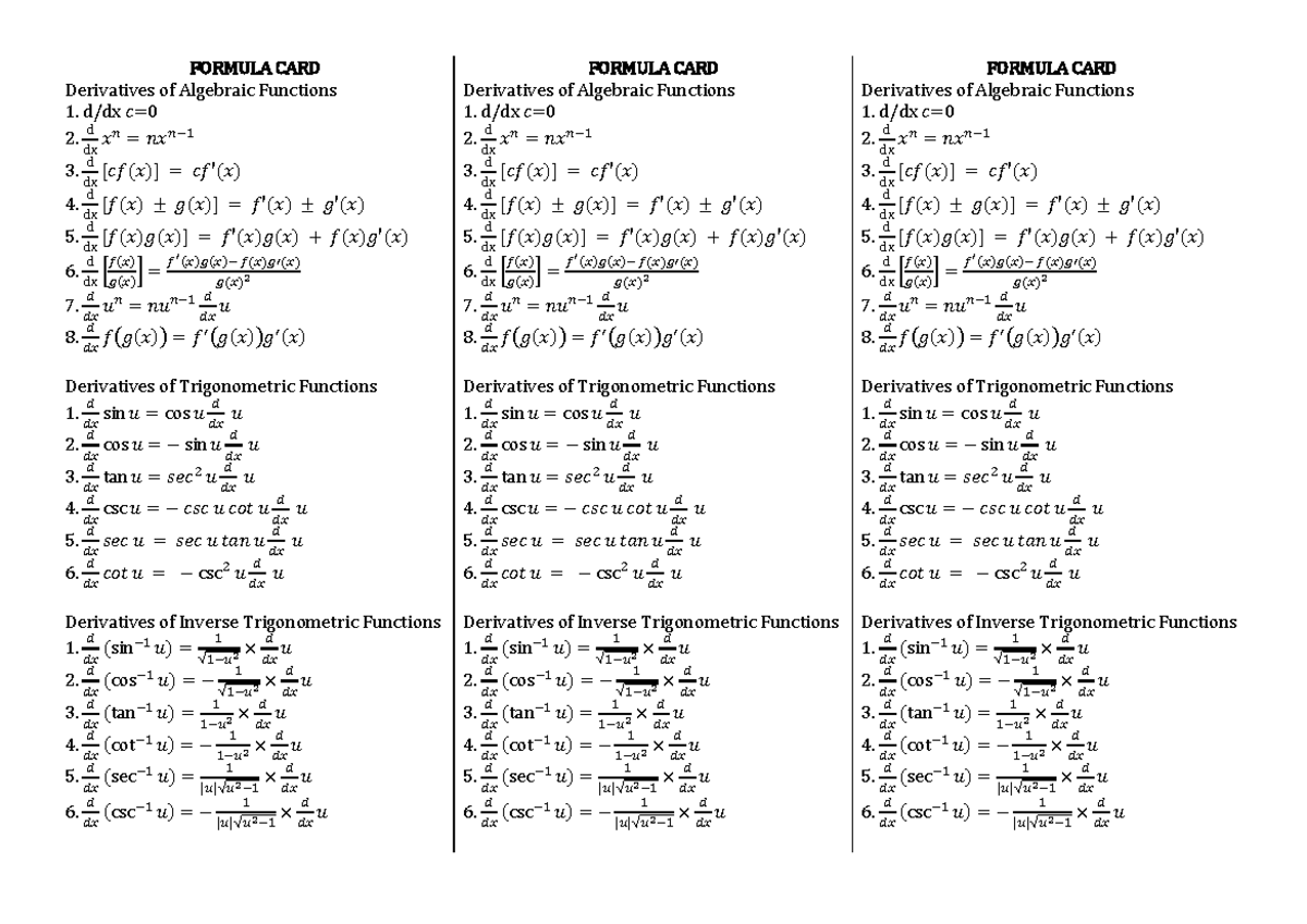 Bascal- Formula-CARD - formulas - FORMULA CARD Derivatives of Algebraic Functions d/dx 𝑐= 2. d ...