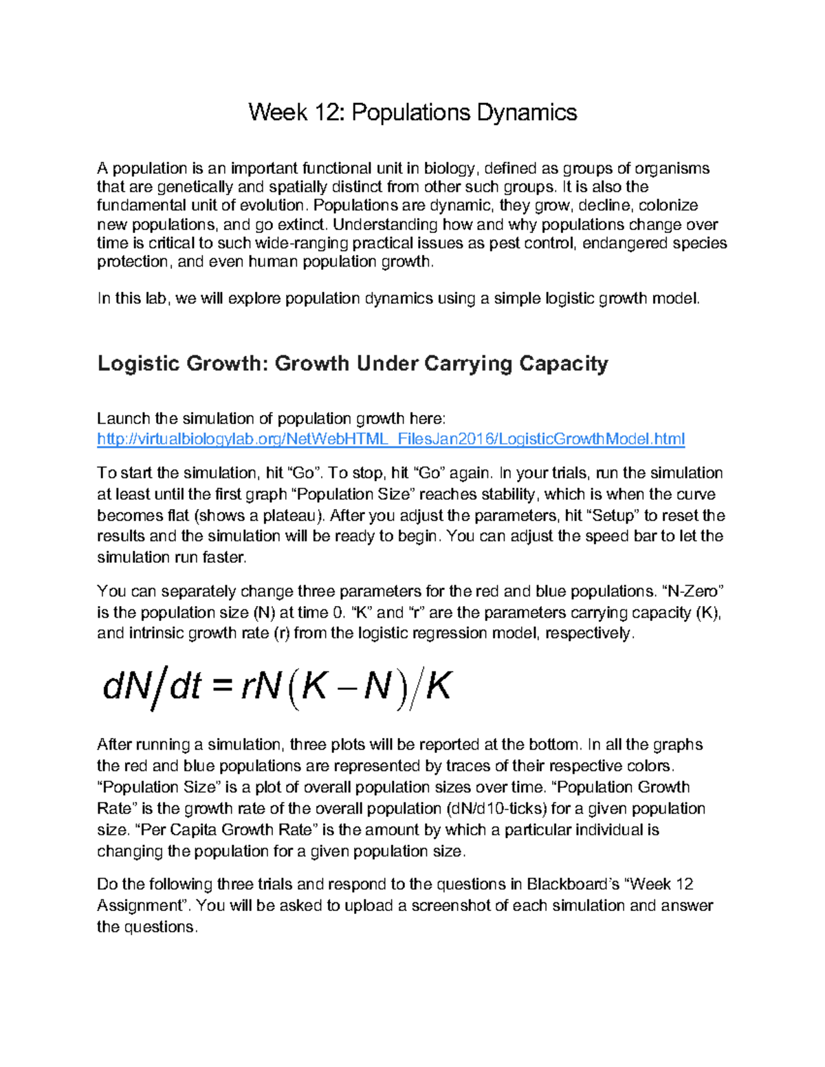 Week 12 handout activity chemistry I - Week 12: Populations Dynamics A ...