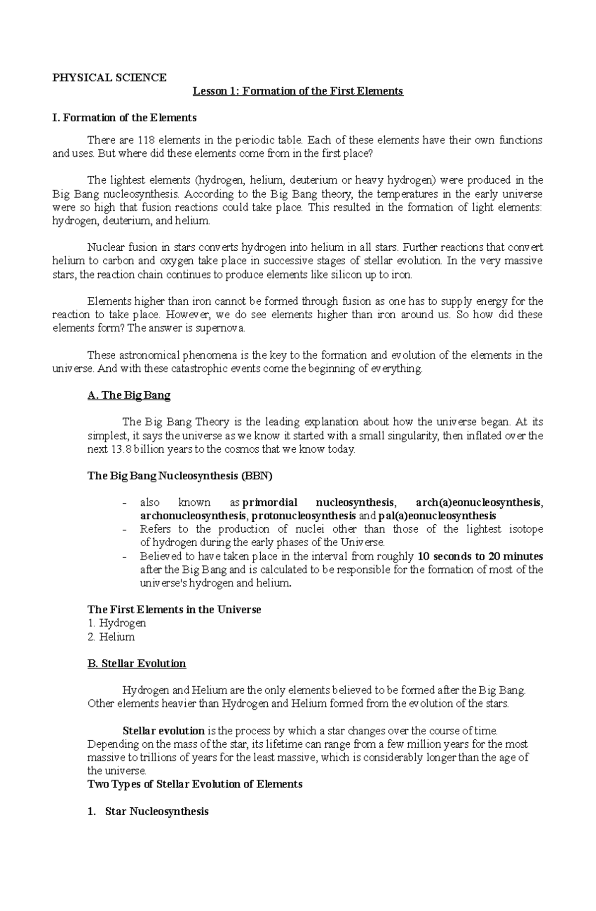 Formation of the First Elements - Formation of the Elements There are ...