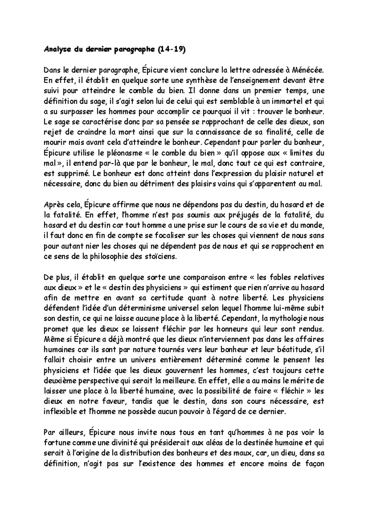 Épicure et sa philosophie - Analyse du dernier paragraphe (14-19) Dans ...