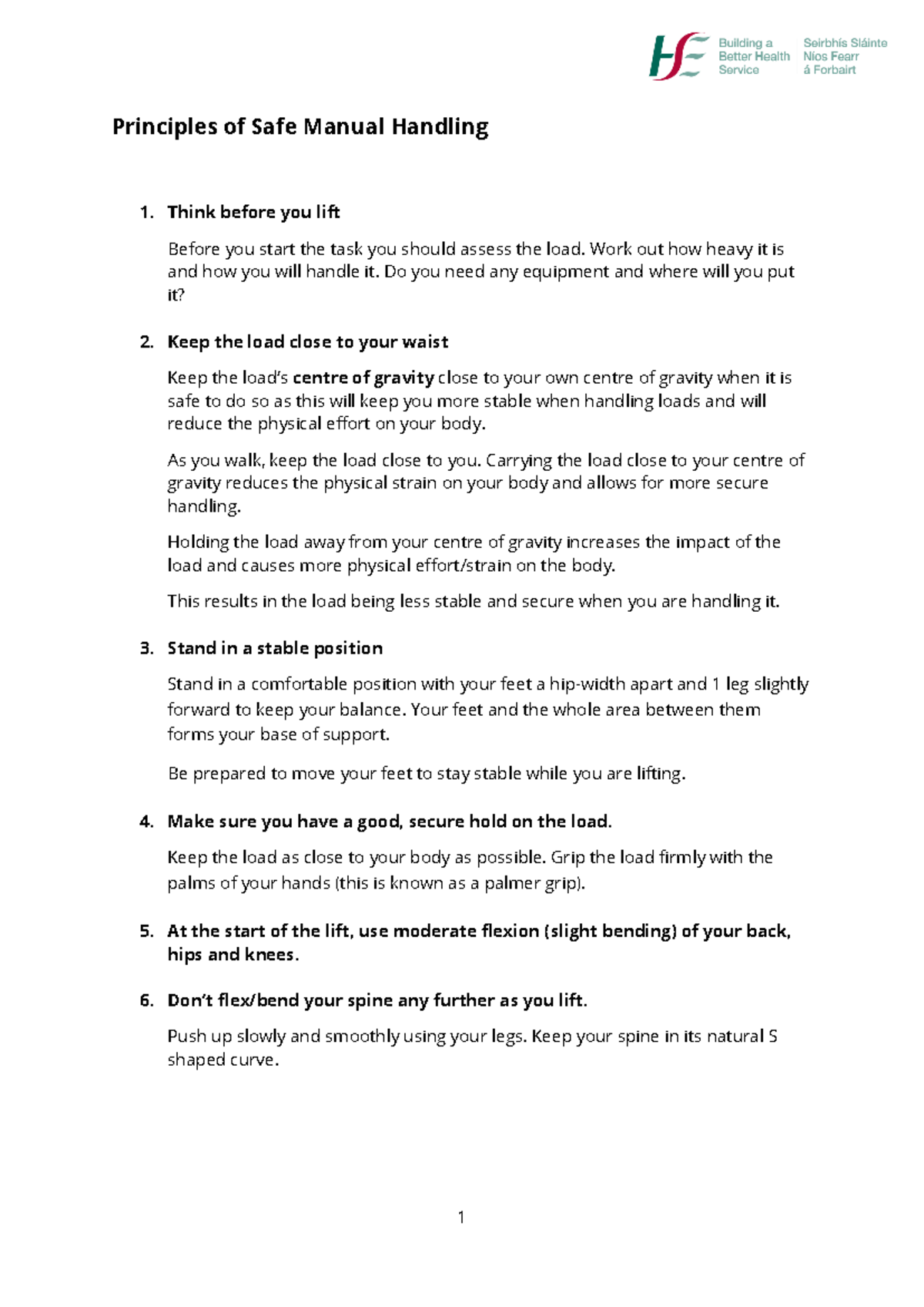 Principles of Safe Manual Handling - 1 Principles of Safe Manual ...