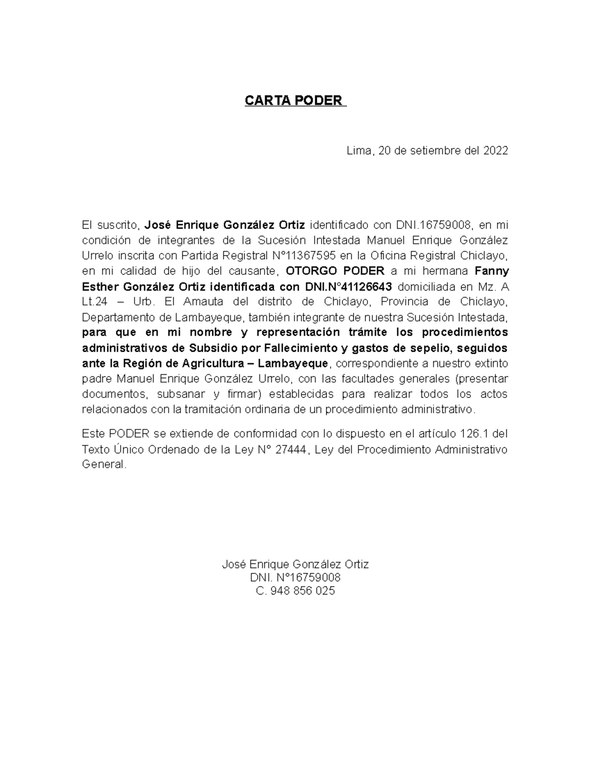 Carta Poder, Sub.Luto.José Enrique - CARTA PODER Lima, 20 de setiembre ...