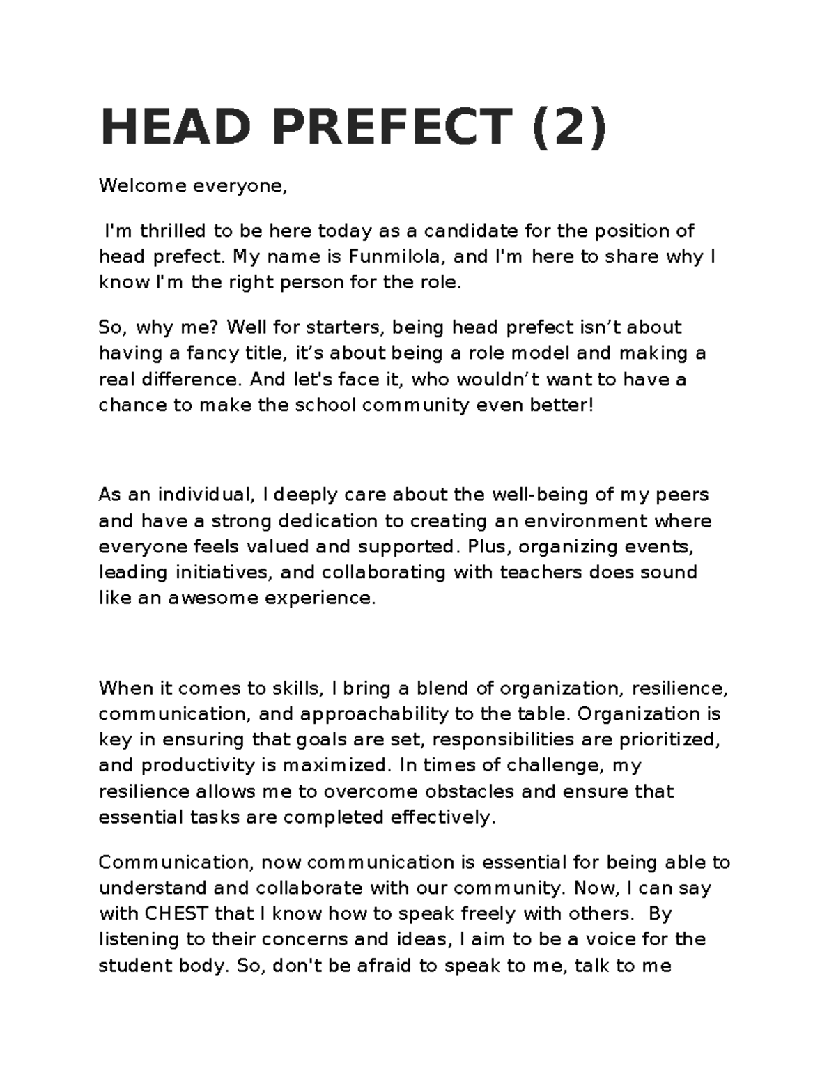 HEAD Prefect (2) - GOOD - HEAD PREFECT (2) Welcome everyone, I'm thrilled to be here today as a ...