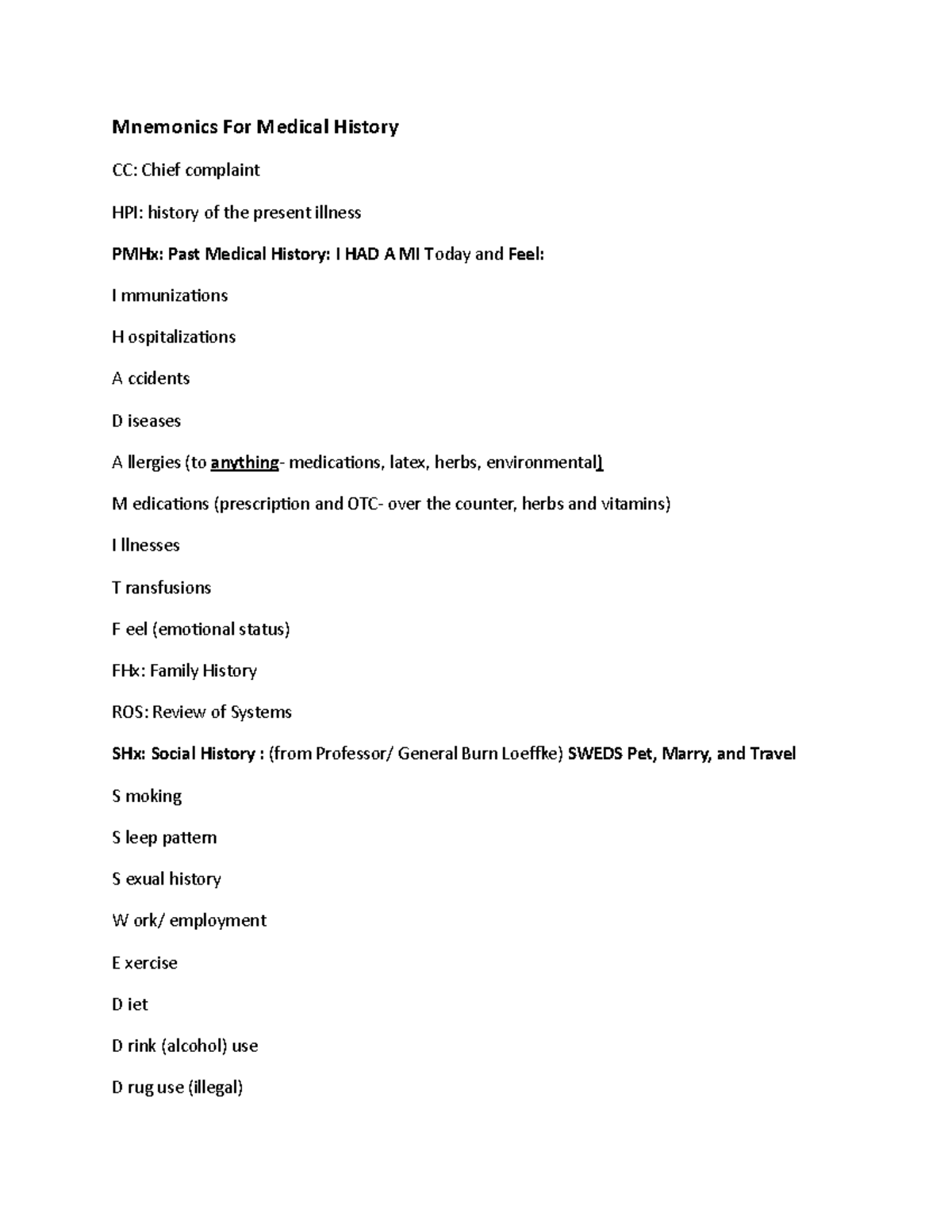 L1 Mnemonics For Medical History - Mnemonics For Medical History CC ...