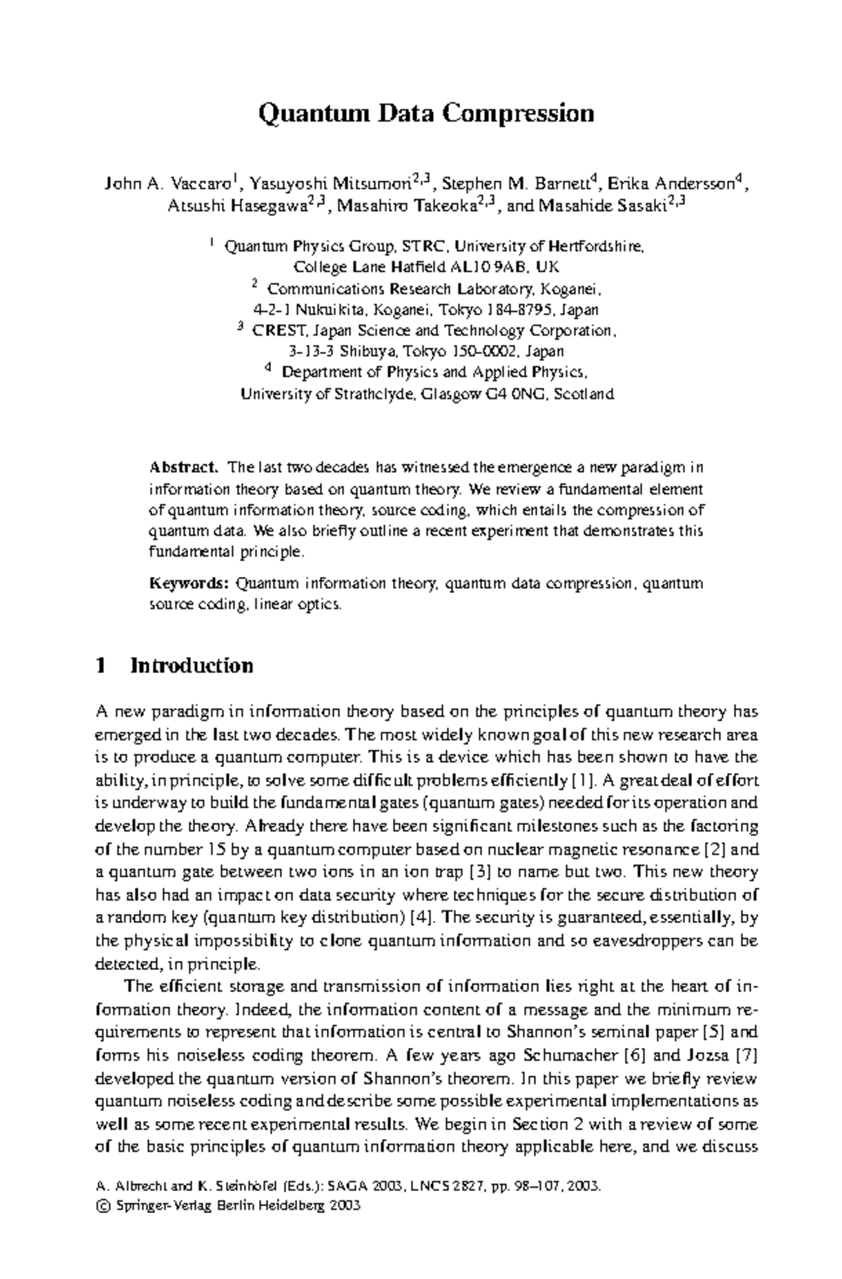 Quantum Data Compression - John A. Vaccaro 1 , Yasuyoshi Mitsumori 2 , 3 , Stephen M. Barnett 4 ...