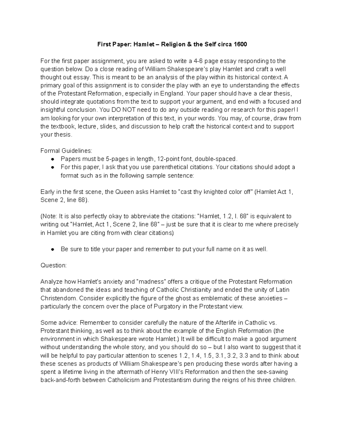 First Paper Hamlet - kevin lord - First Paper: Hamlet – Religion & the ...