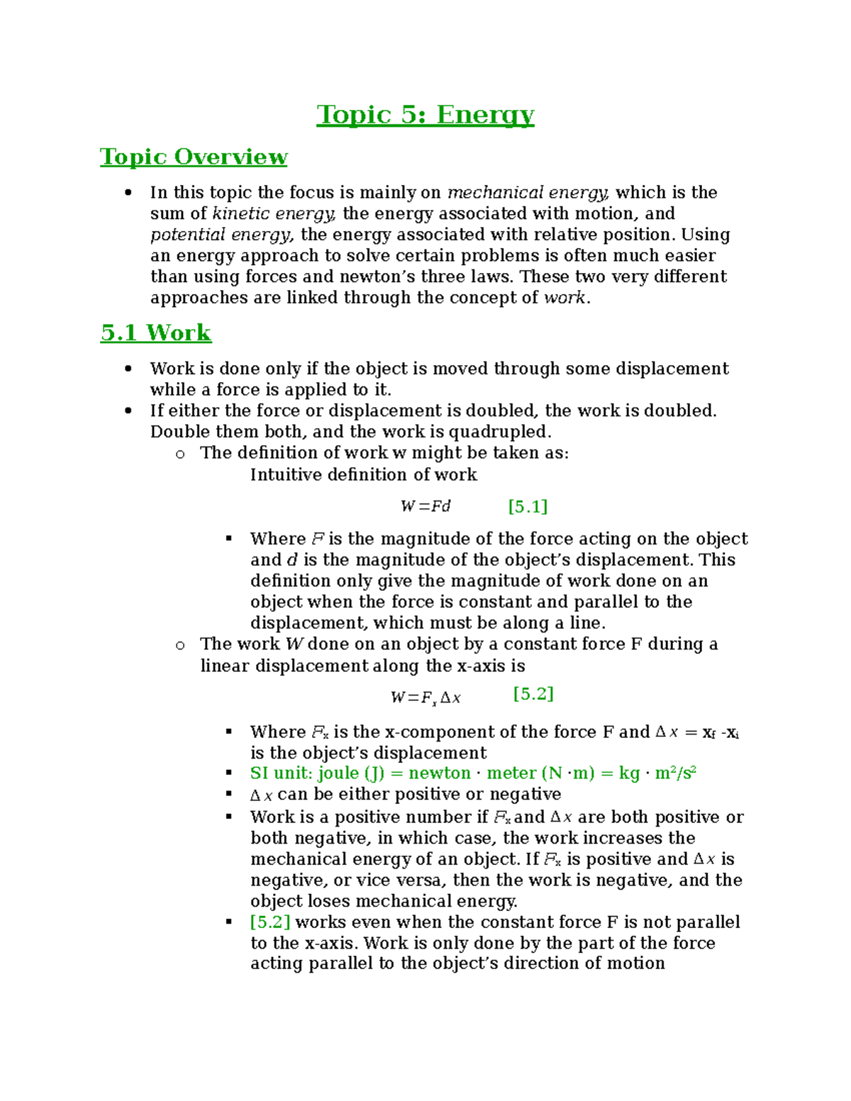 Topic 5 Energy Notes - Topic 5: Energy Topic Overview In this topic the ...