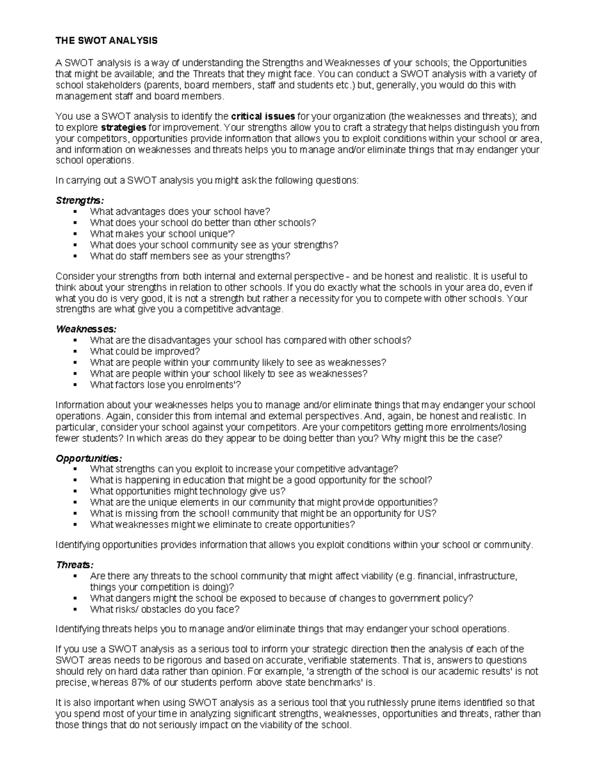 The SWOT Analysis-1 - Answer - THE SWOT ANALYSIS A SWOT analysis is a ...
