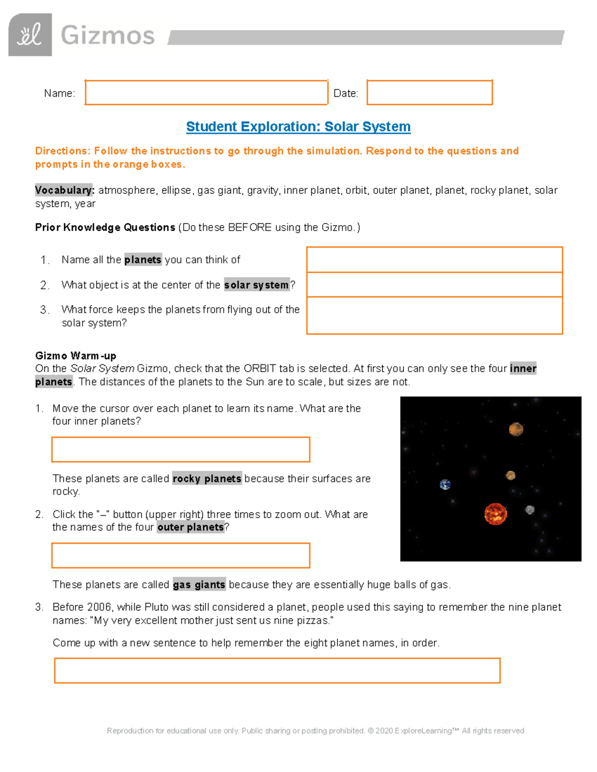 Copy of Copy of Solar System SE - Name: Date: Student Exploration ...