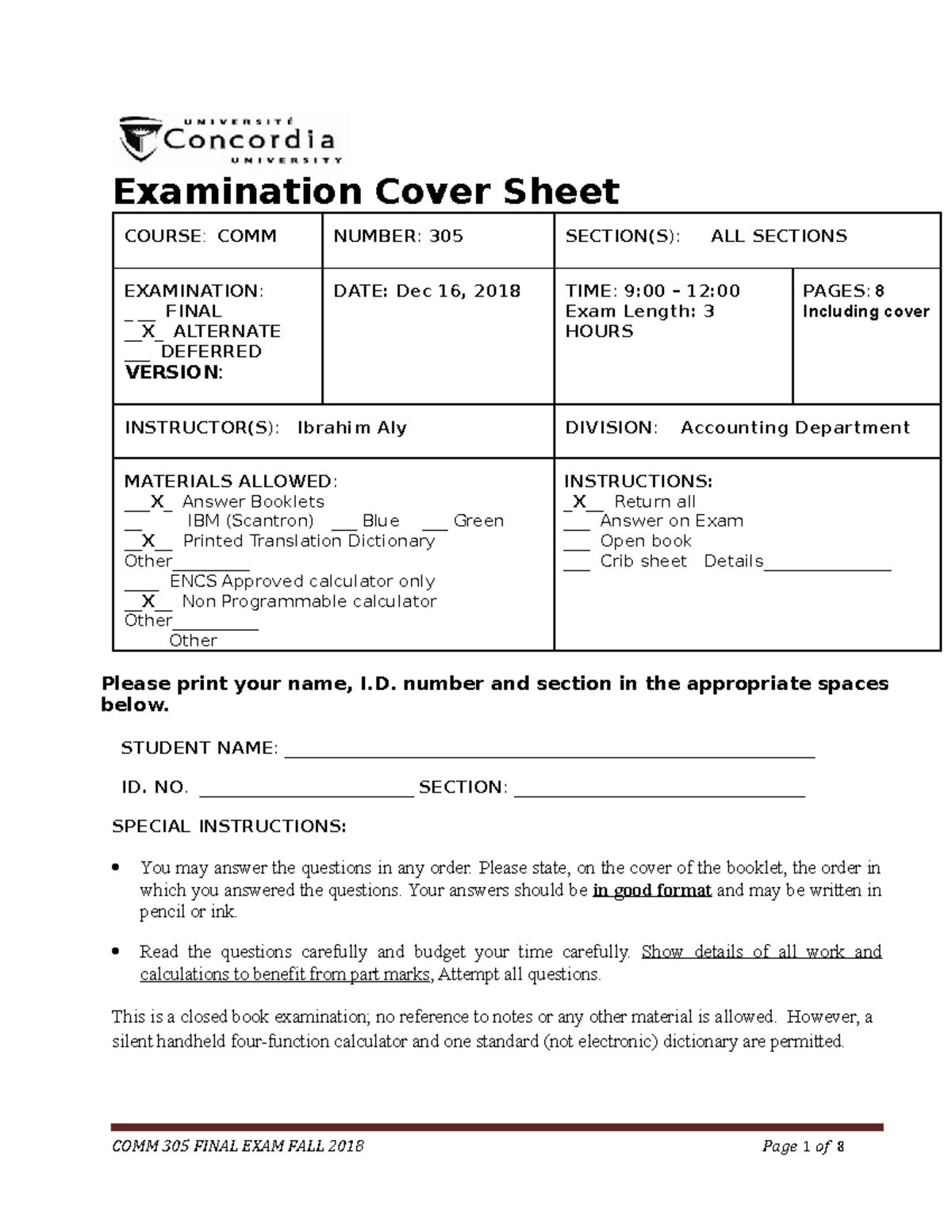 Final EXAM -WITH Solution-FALL 2018 - Examination Cover Sheet COURSE ...