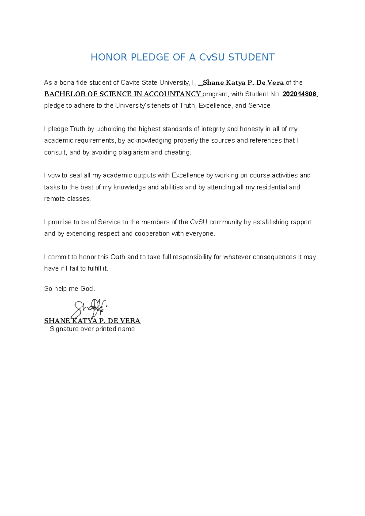 2387683742 honor pledge - HONOR PLEDGE OF A CvSU STUDENT As a bona fide ...