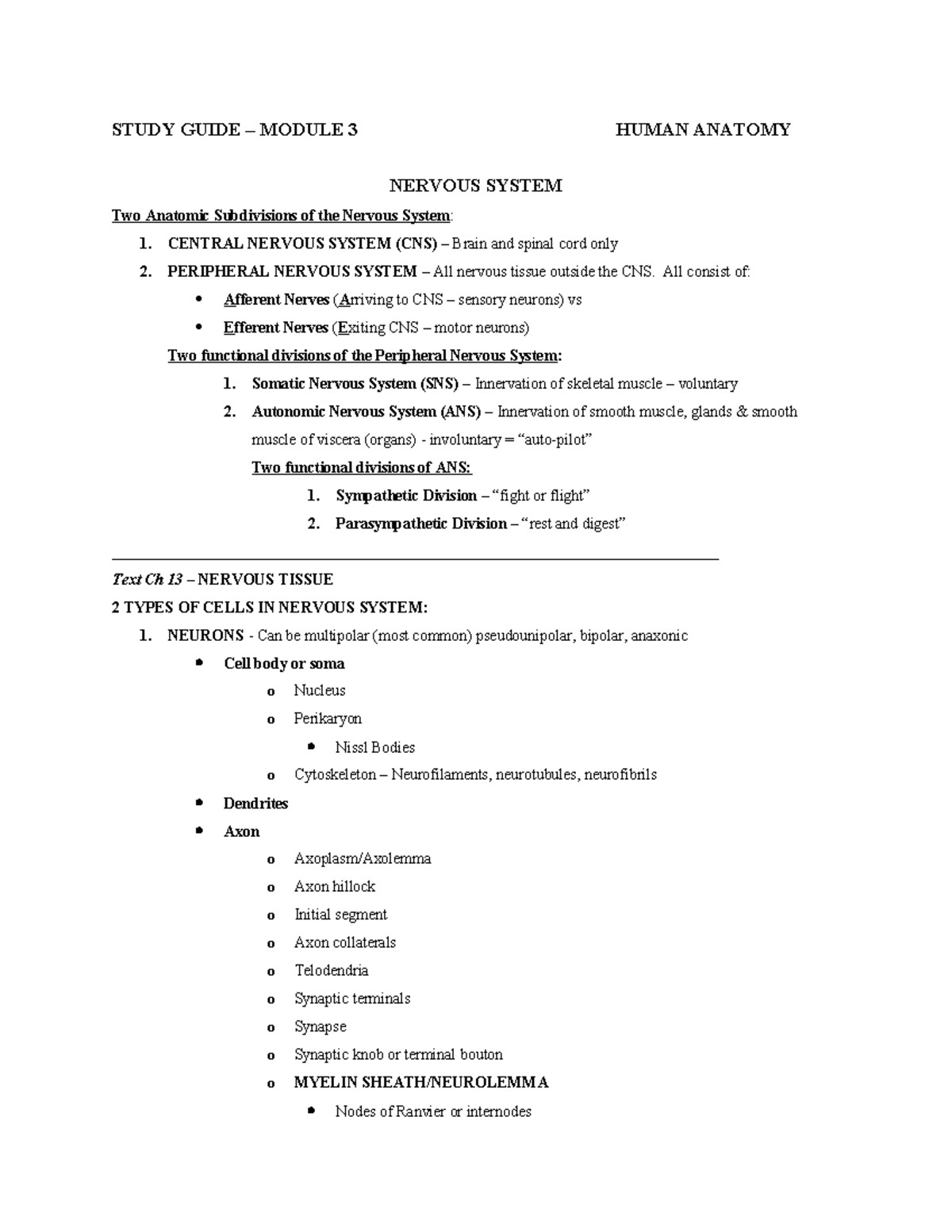 Module 3 Study Guide - Nervous System - Tagged - STUDY GUIDE – MODULE 3 ...