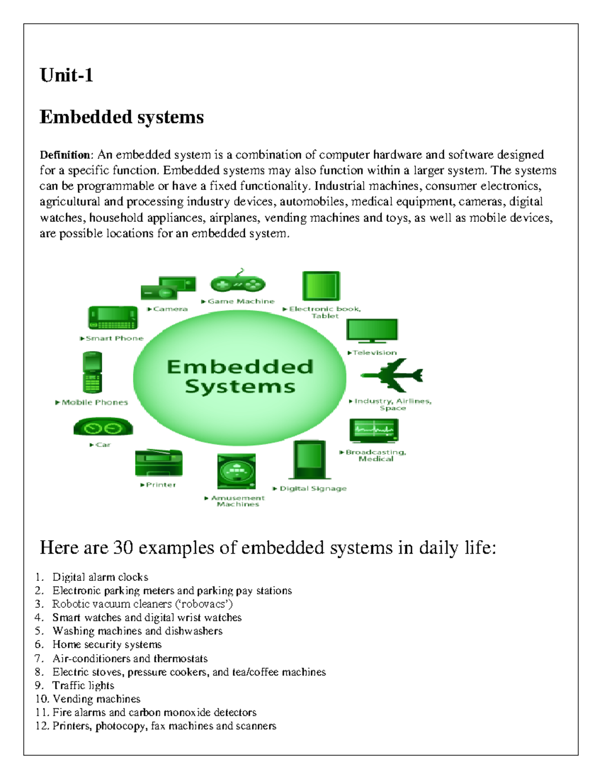 ES material tot - Unit- Embedded systems ####### Definition: An embedded system is a combination ...