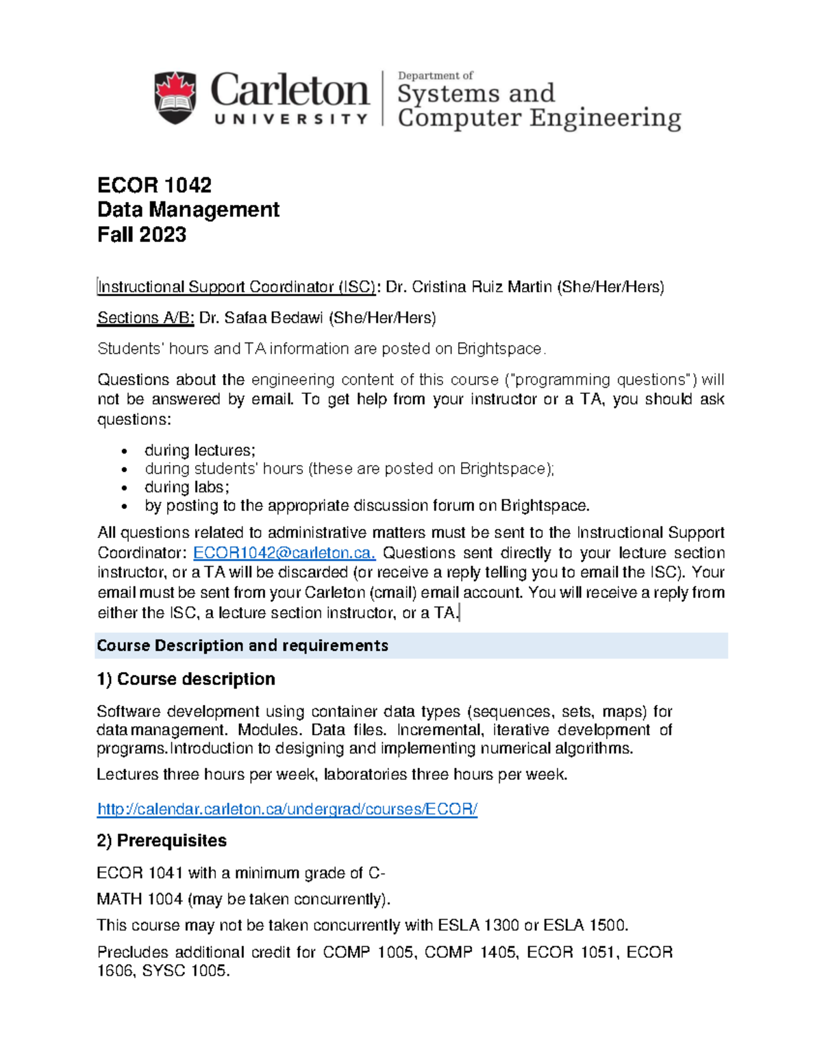 ECOR1042 Course Outline Fall23 - ECOR 1042 Data Management Fall 2023 ...