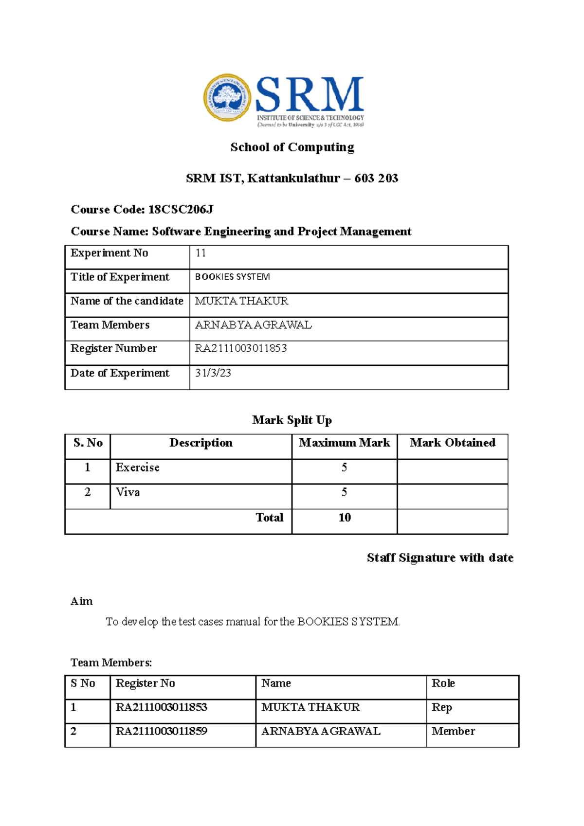 18csc206j Sepm Ex 11 Notes To Get Good Marks School Of Computing Srm Ist Kattankulathur