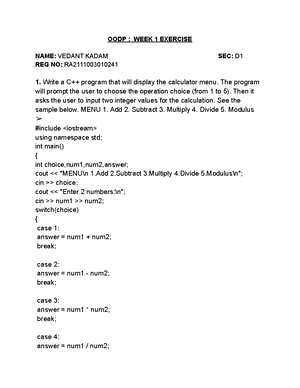OOPS Level 1 All Sections - INPUT OUTPUT:- #include using namespace std; int main() { int - Studocu