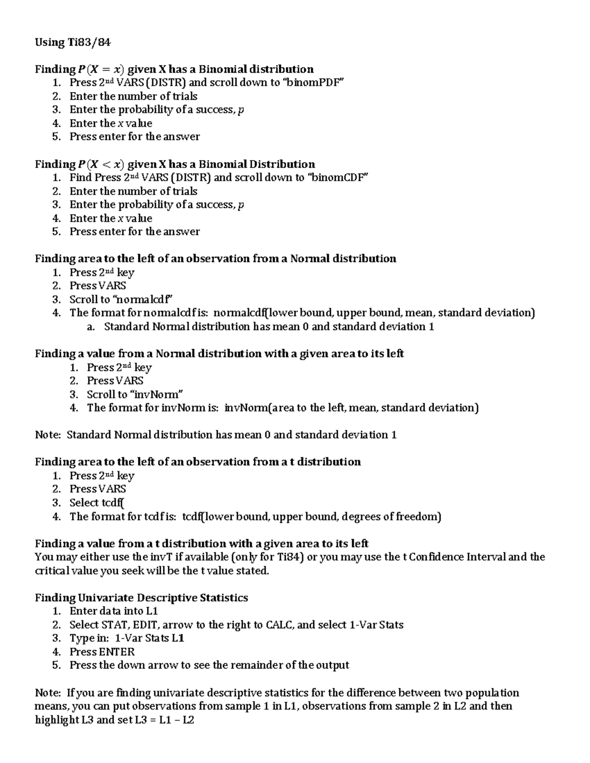 statistics math notes - **Using Ti83/84 ** Find ing 𝑷(𝑿=𝒙) ** given X ...
