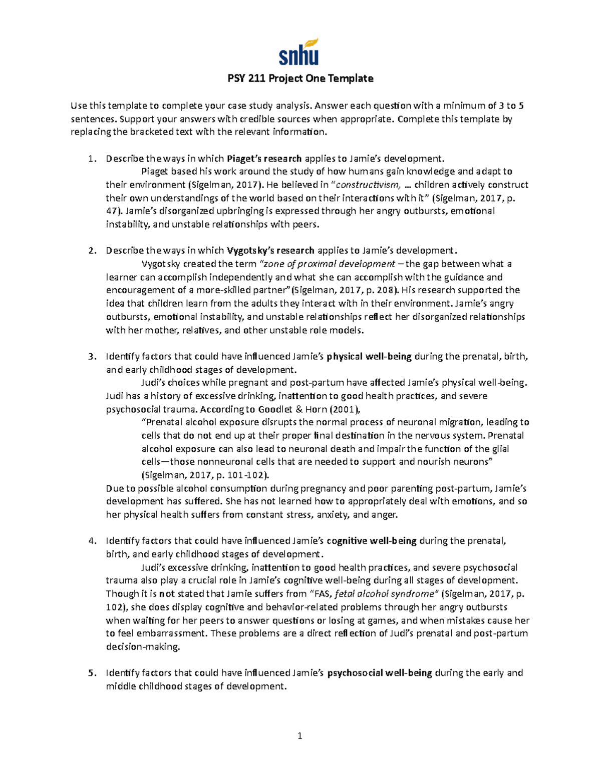 Lifespan Development Project 1 - PSY 211 Project One Template Use this ...