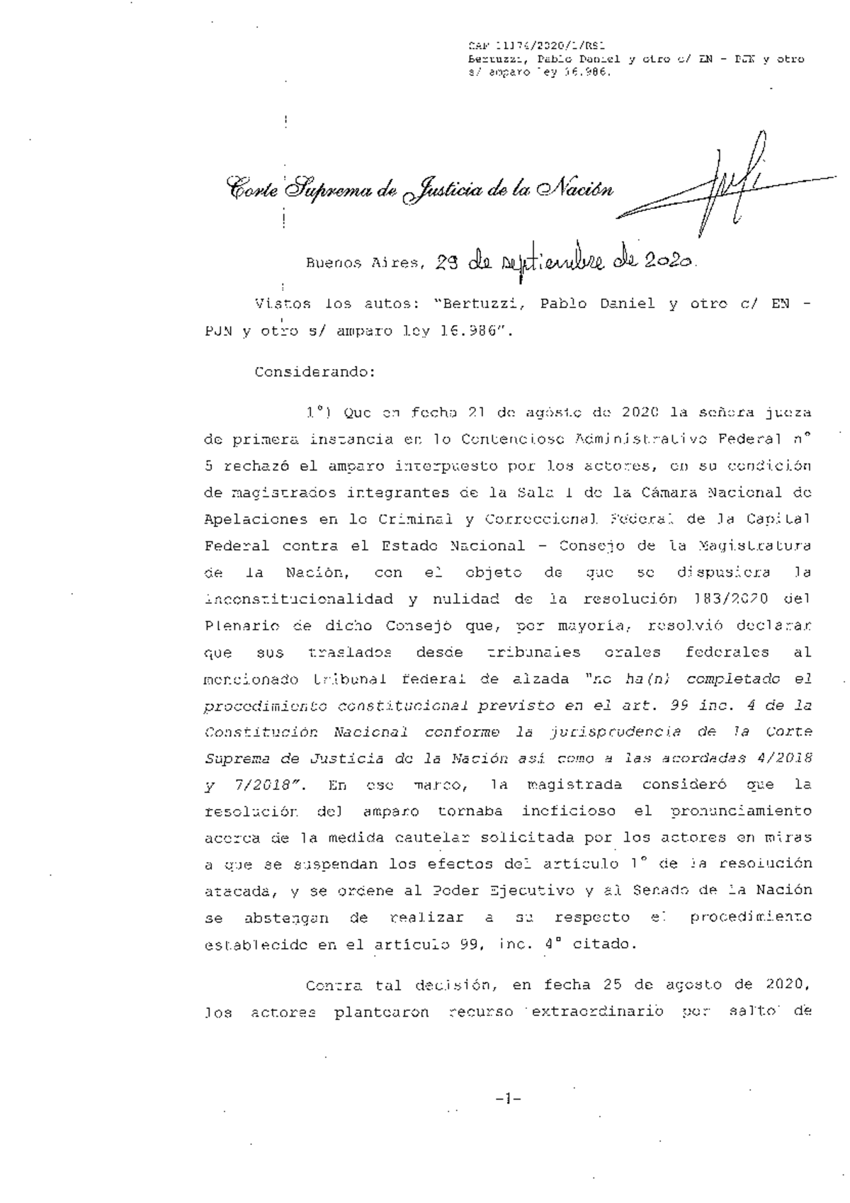 Bertuzzi, Pablo Daniel y otro c- EN - PJN y oto s- amparo ley 16 ...