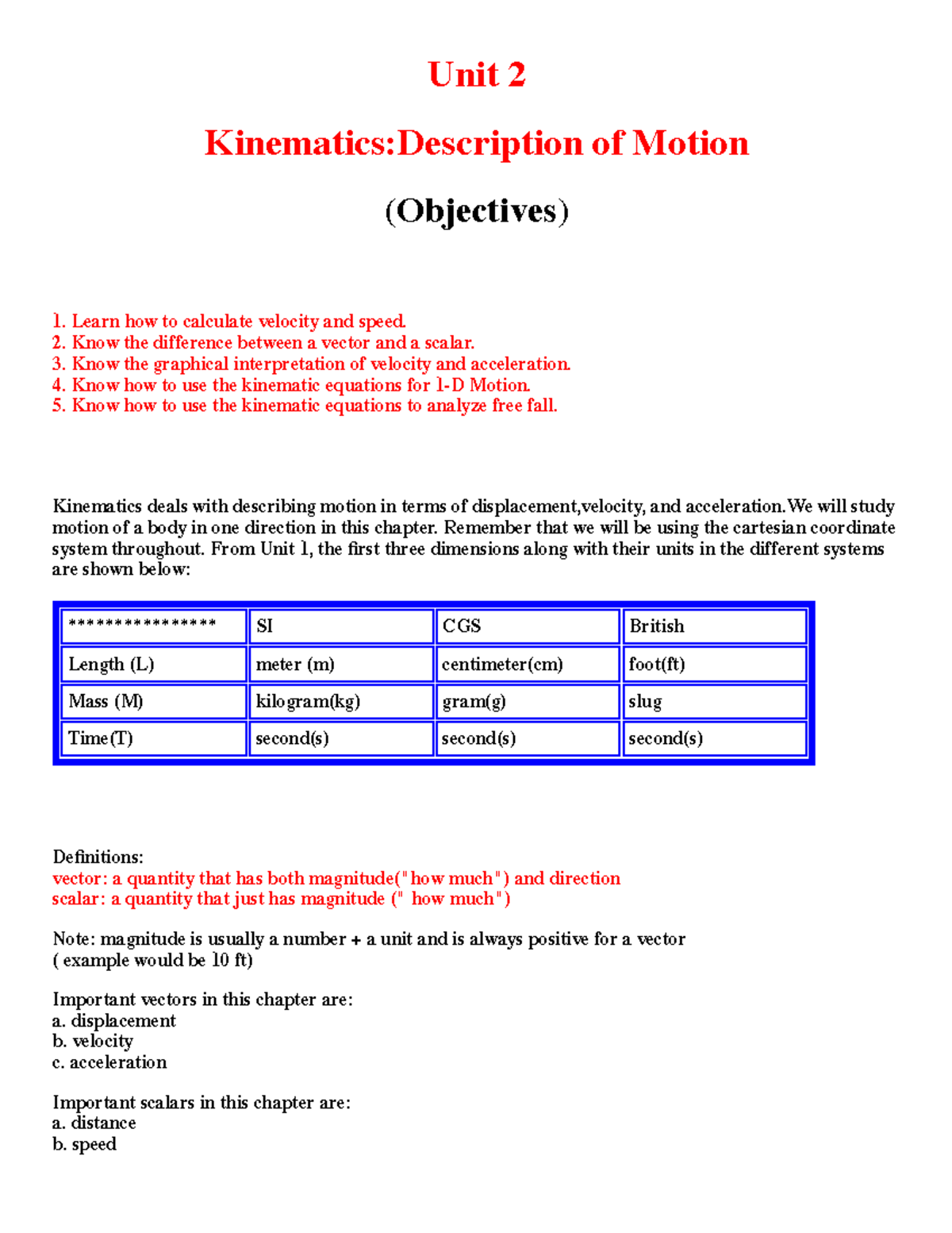Unit 2 (Kinematics) - Unit 2 Kinematics:Description of Motion ...