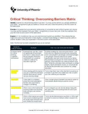 Hum115 v10 wk1 critical thinking identifying barriers worksheet - HUM ...