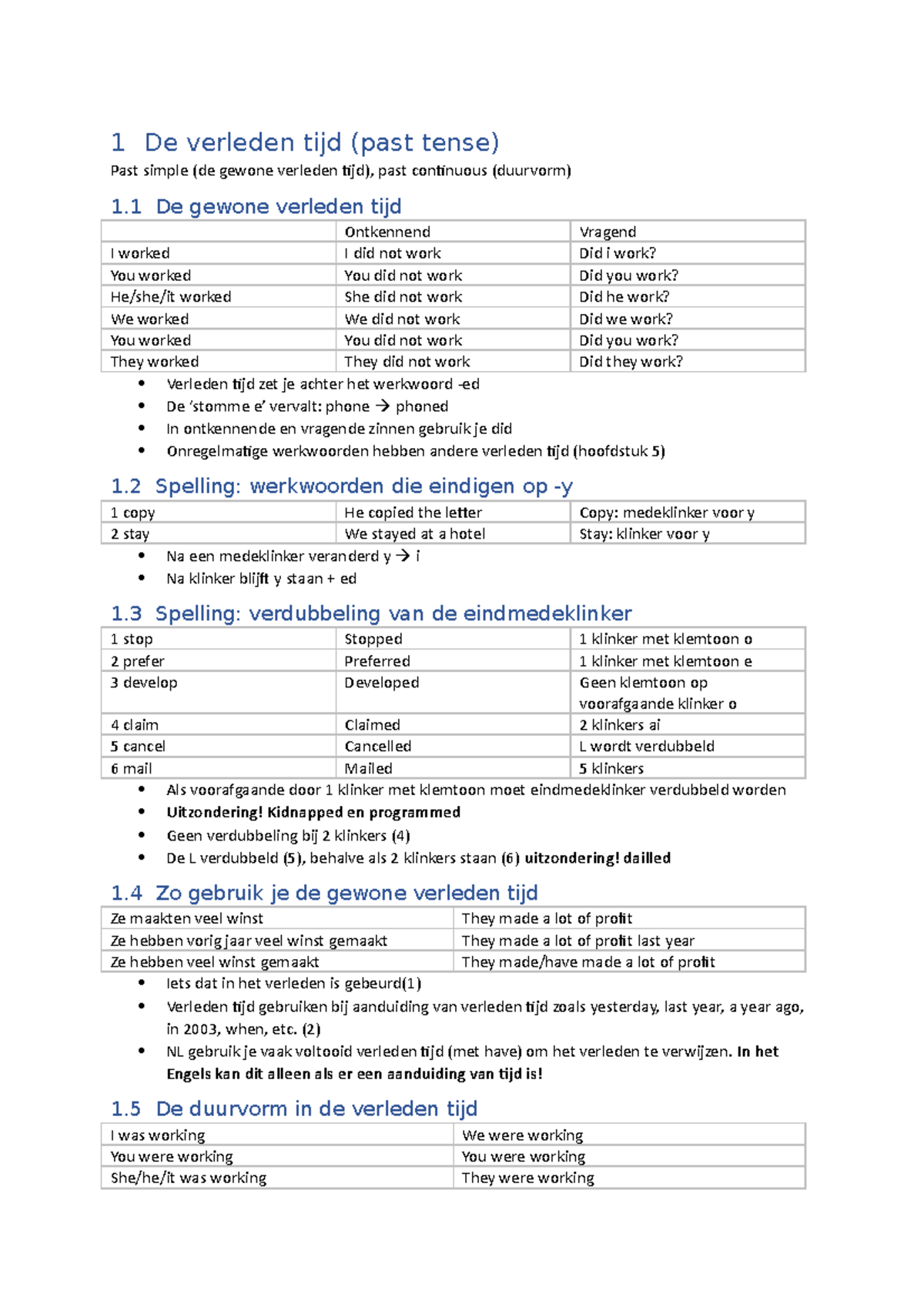 Hoofdstuk 7 verleden tijd - 1 De verleden tijd (past tense) Past simple ...