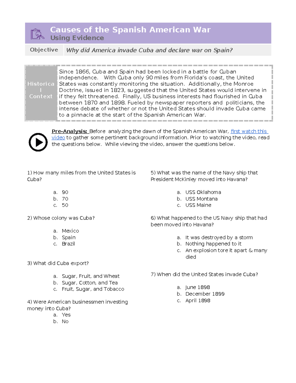 Unit 6 Using Evidence Causes of the Spanish American War 3 - Causes of ...