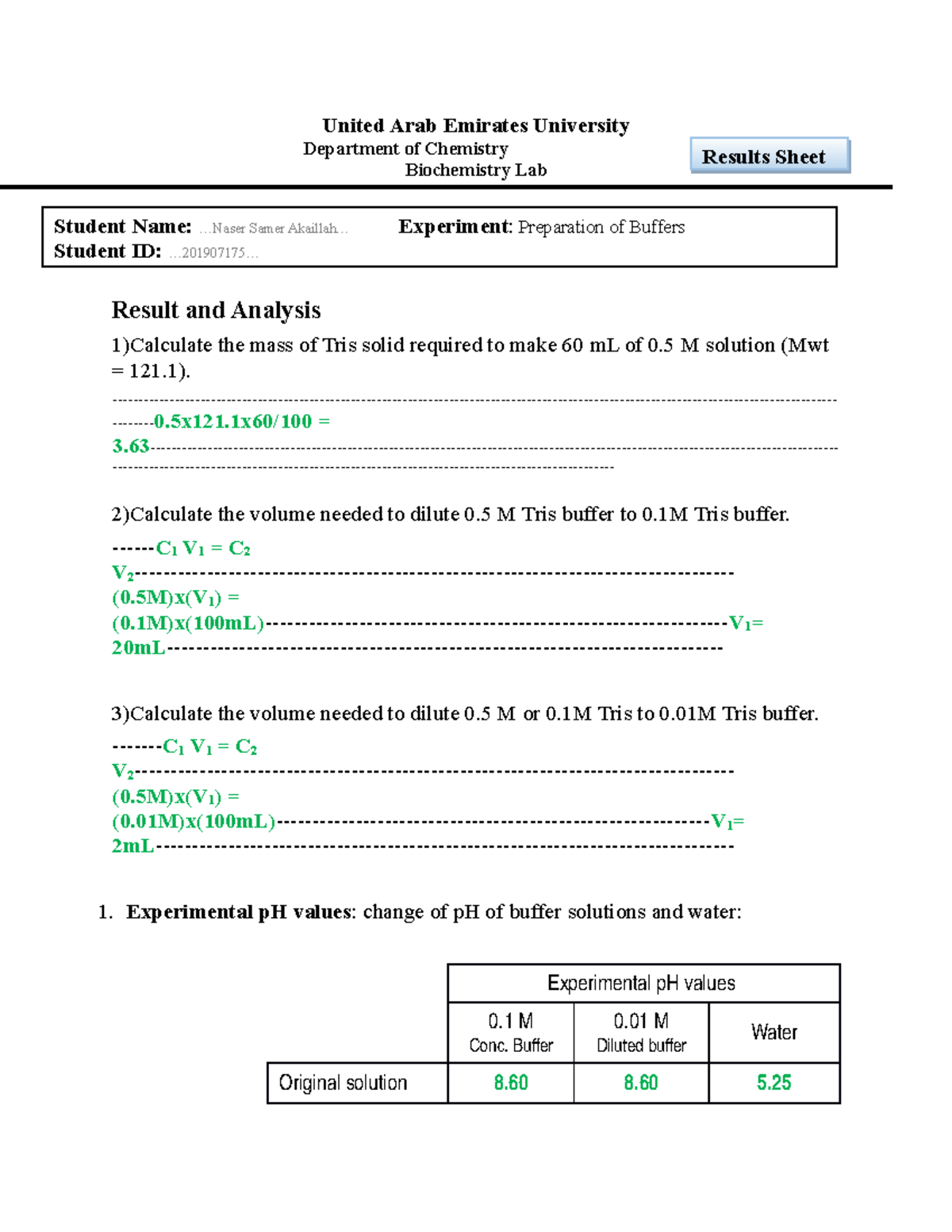 Resuts Sheet (Preparation of Buffers) - United Arab Emirates University ...