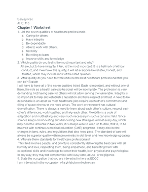 AHE116 Chapter 1 Worksheet - List the 7 qualities of healthcare ...