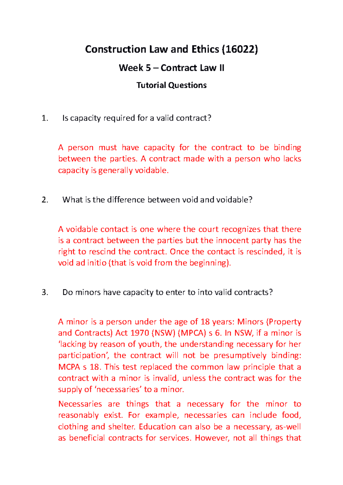Week 5 - Contract Law II - Tutorial Questions (with answers ...