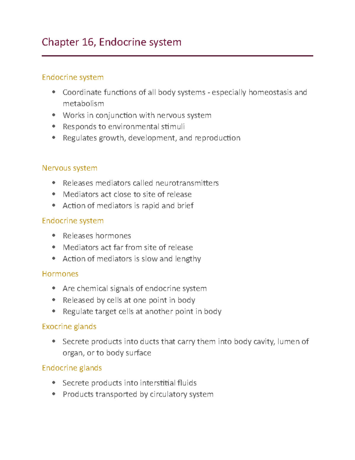 A&P notes - Chapter 16, Endocrine system Endocrine system Coordinate ...