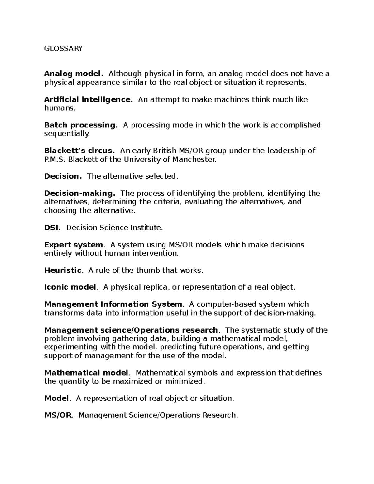 MGT 3 Chapter 1- Glossary - GLOSSARY Analog model. Although physical in ...