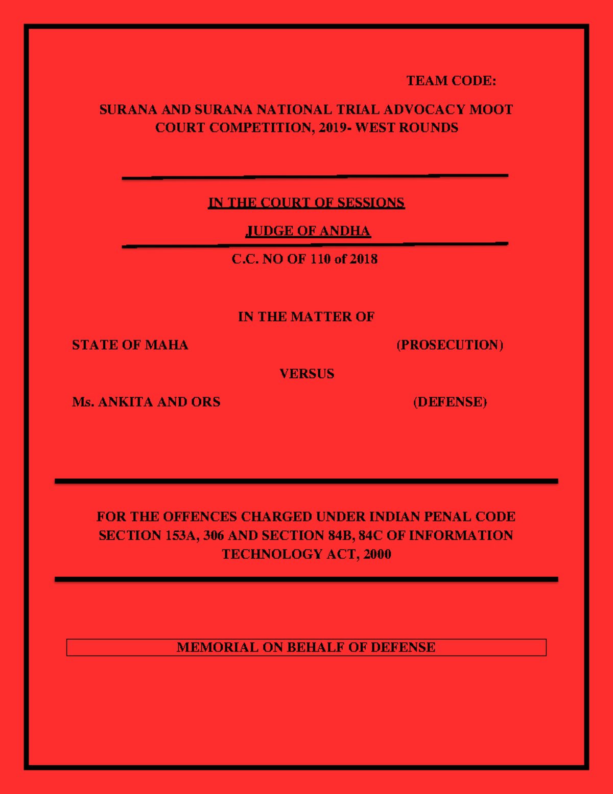 Pdfcoffee - case law - MEMORIAL ON BEHALF OF DEFENSE TEAM CODE: SURANA AND SURANA NATIONAL TRIAL ...