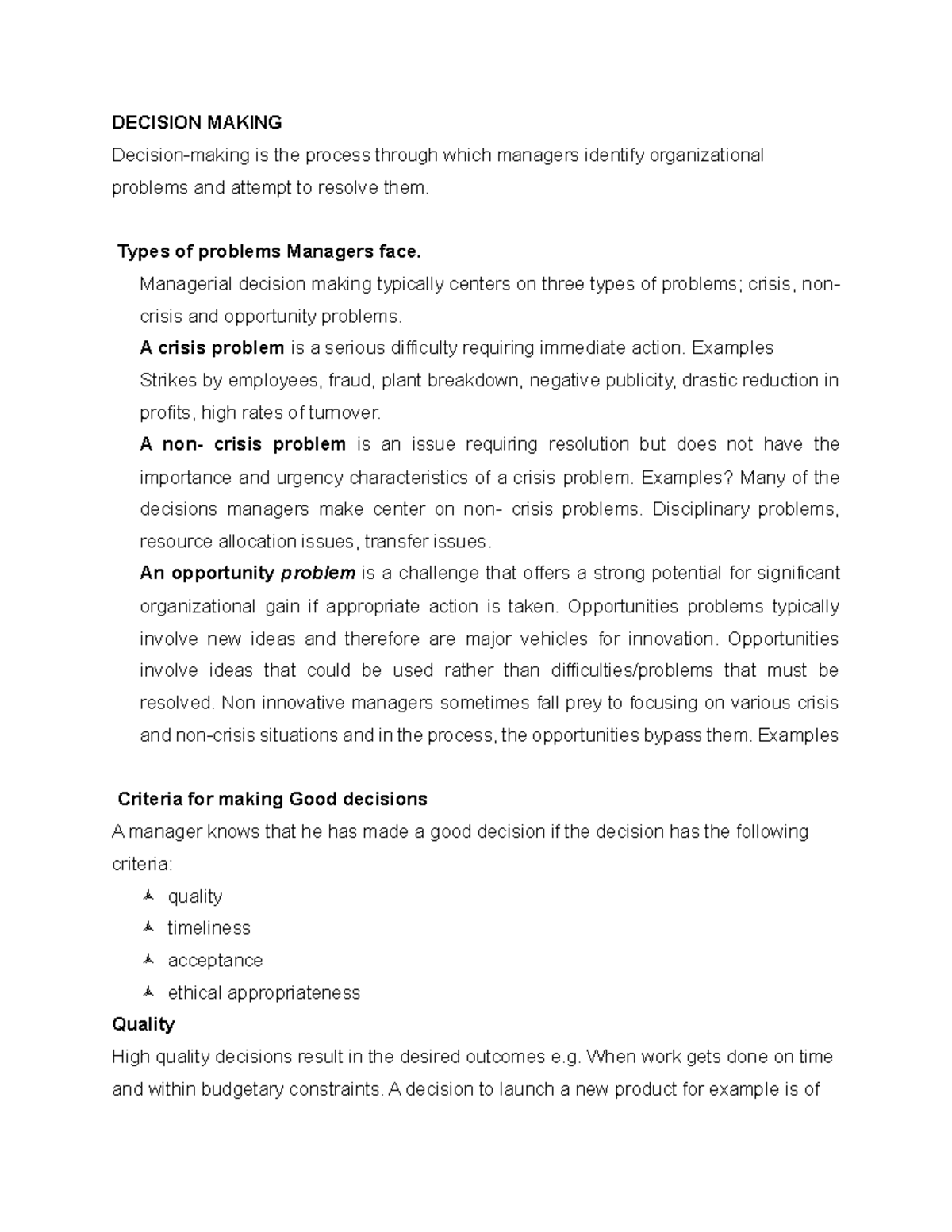 Decision Making - notes given in class - DECISION MAKING Decision ...