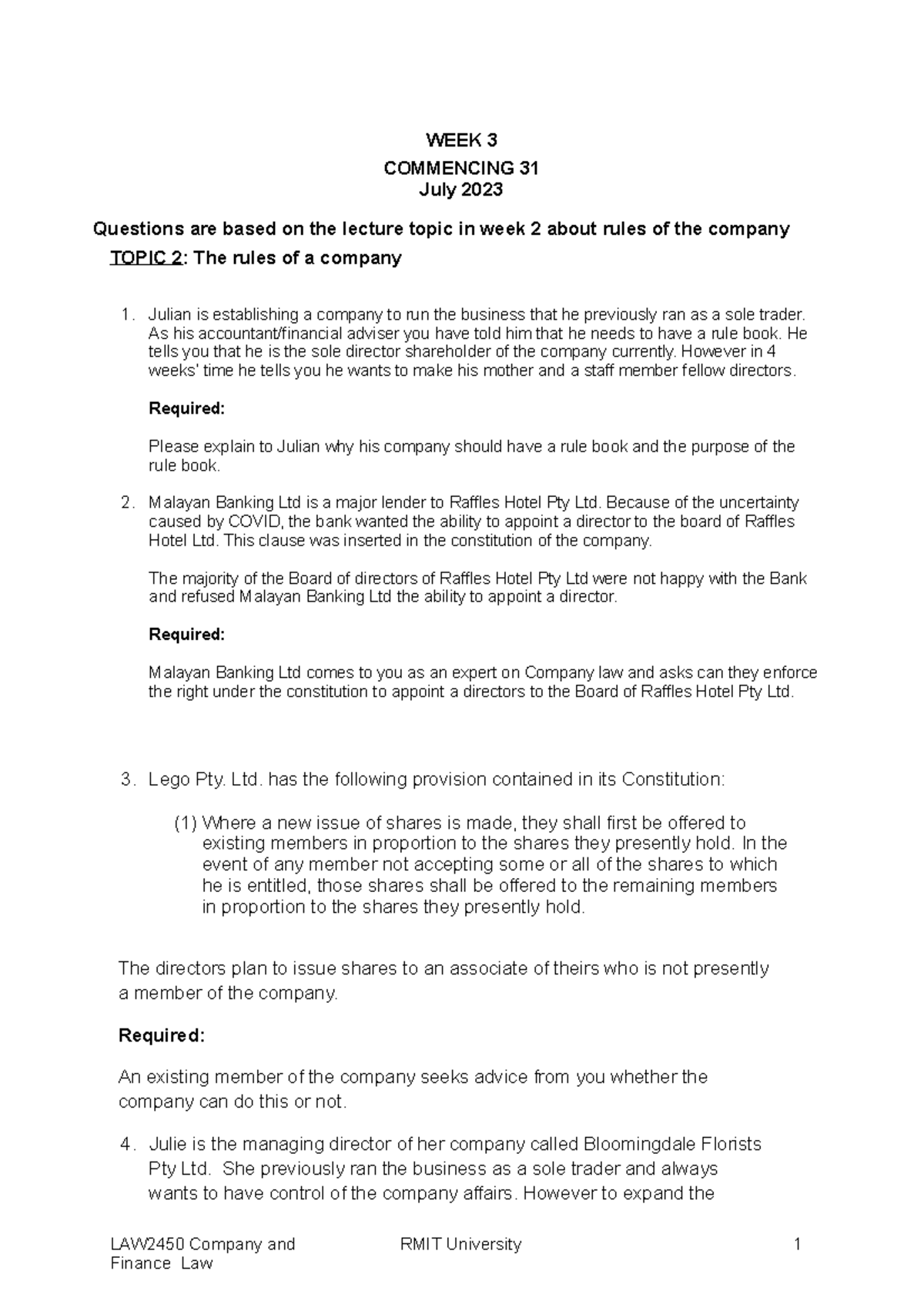 Tutorial Questions Week 2 Rules of the company - WEEK 3 COMMENCING 31 ...