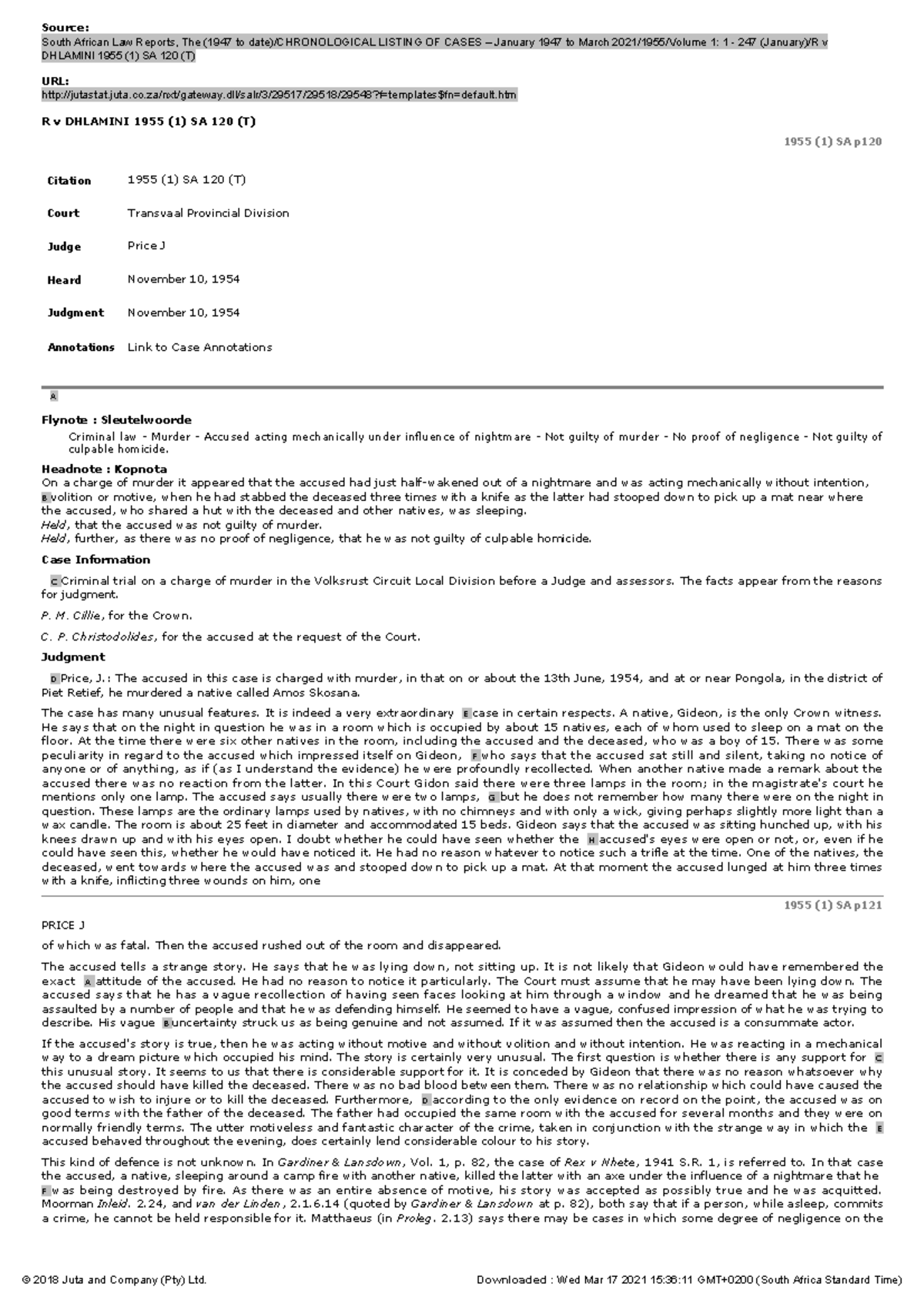 R v Dhlamini 1955 (1) SA 120 (T) - Source: - Studocu